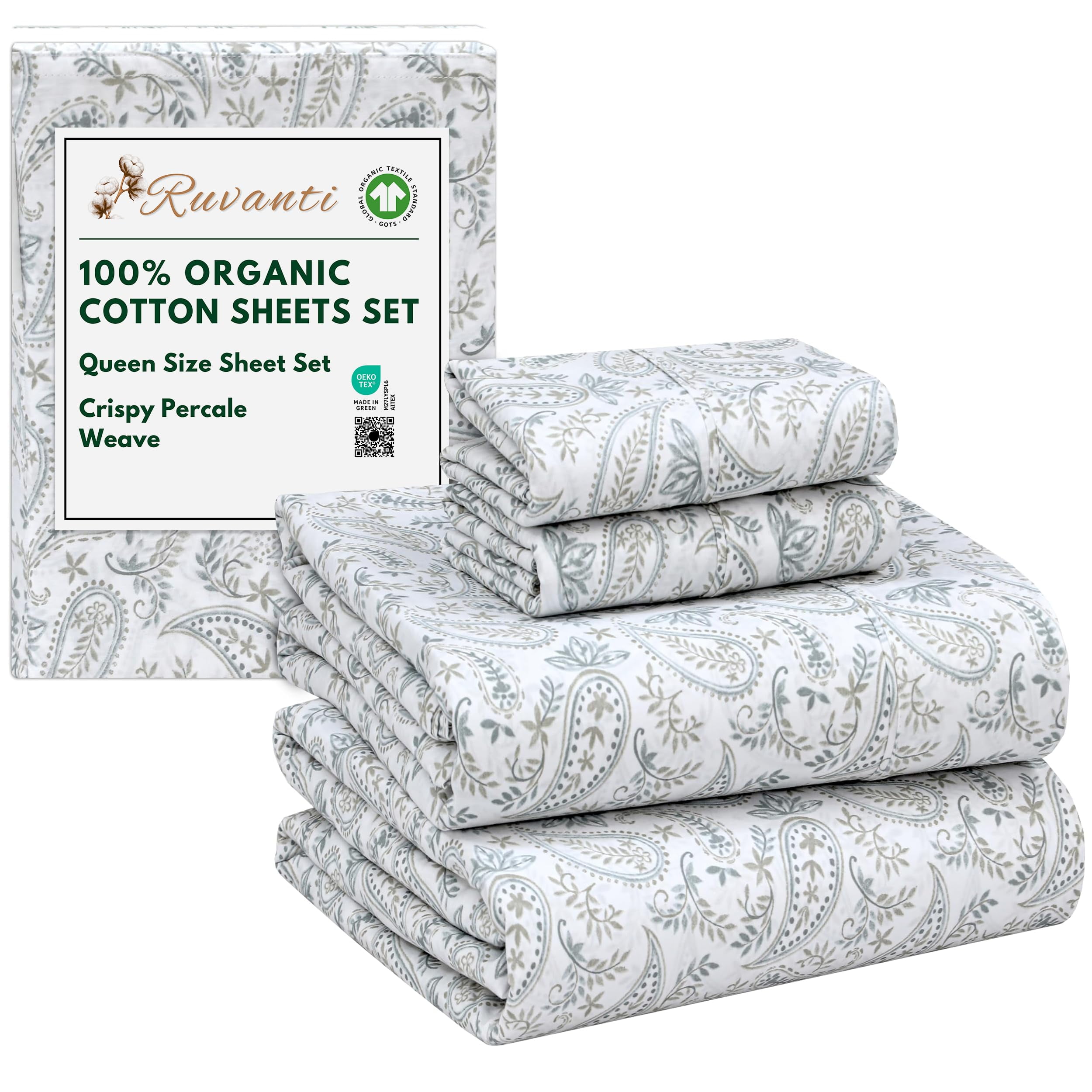 RUVANTI 100% Organic Cotton Sheets - Queen Sheet Set - 4 Piece Percale ...