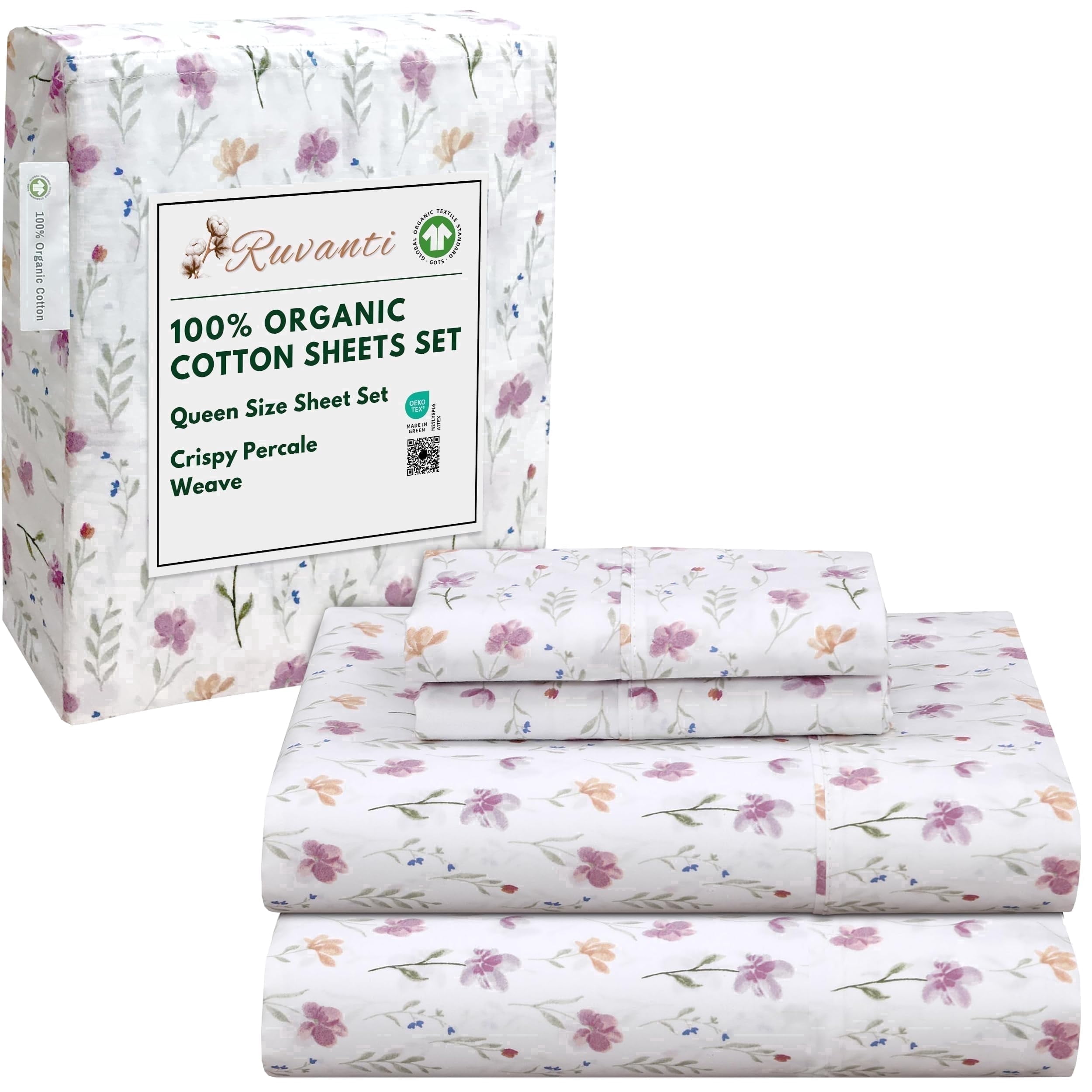 RUVANTI 100% Organic Cotton Sheets - Queen Sheet Set - 4 Piece Percale ...