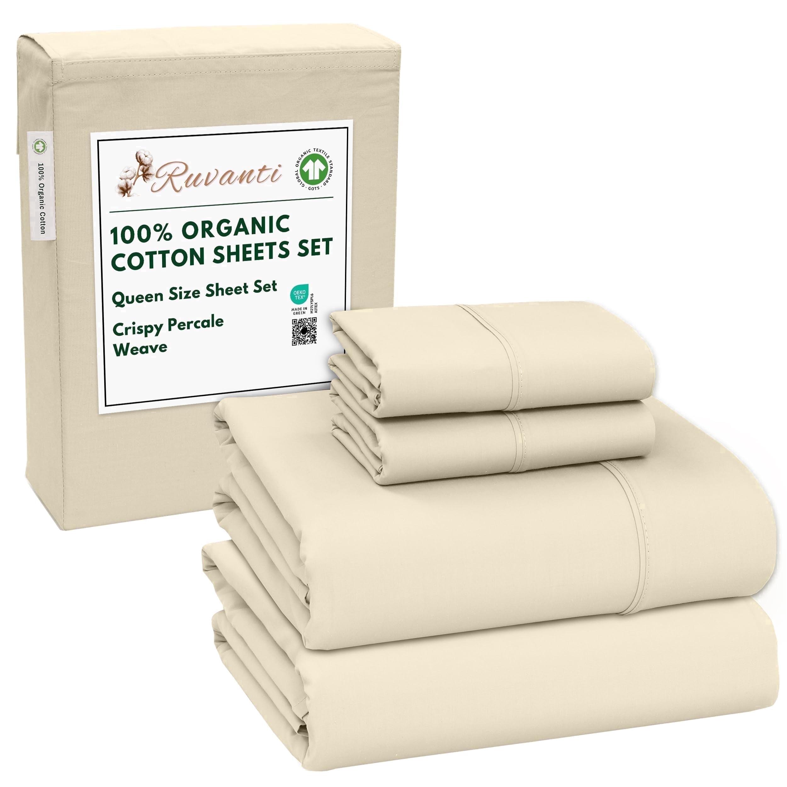 Ruvanti Organic Cotton Sheets, Queen Set, Percale Weave, 16-Inch Deep ...