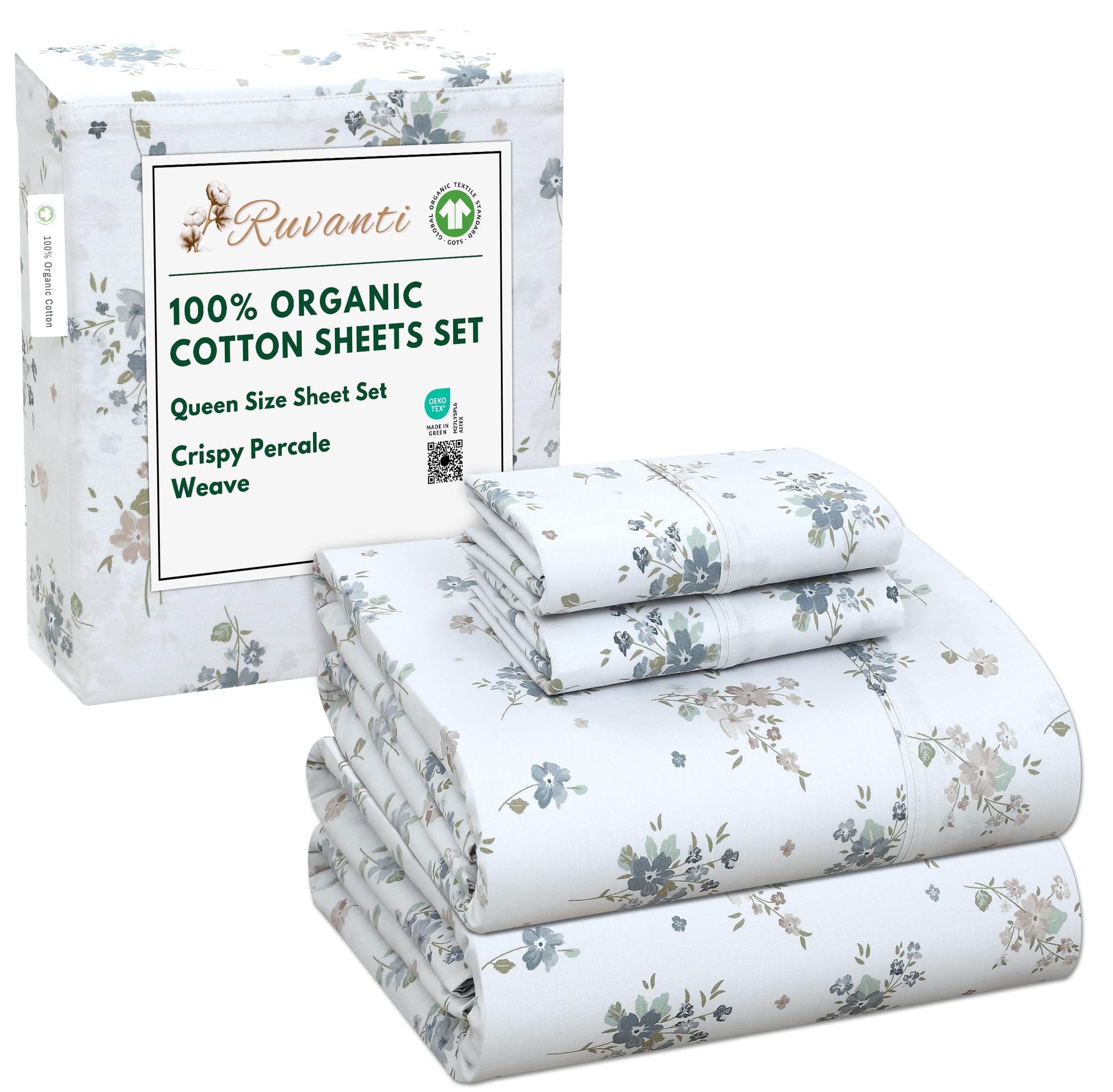 RUVANTI 100% Organic Cotton Sheets - Queen Sheet Set - 4 Piece Percale ...