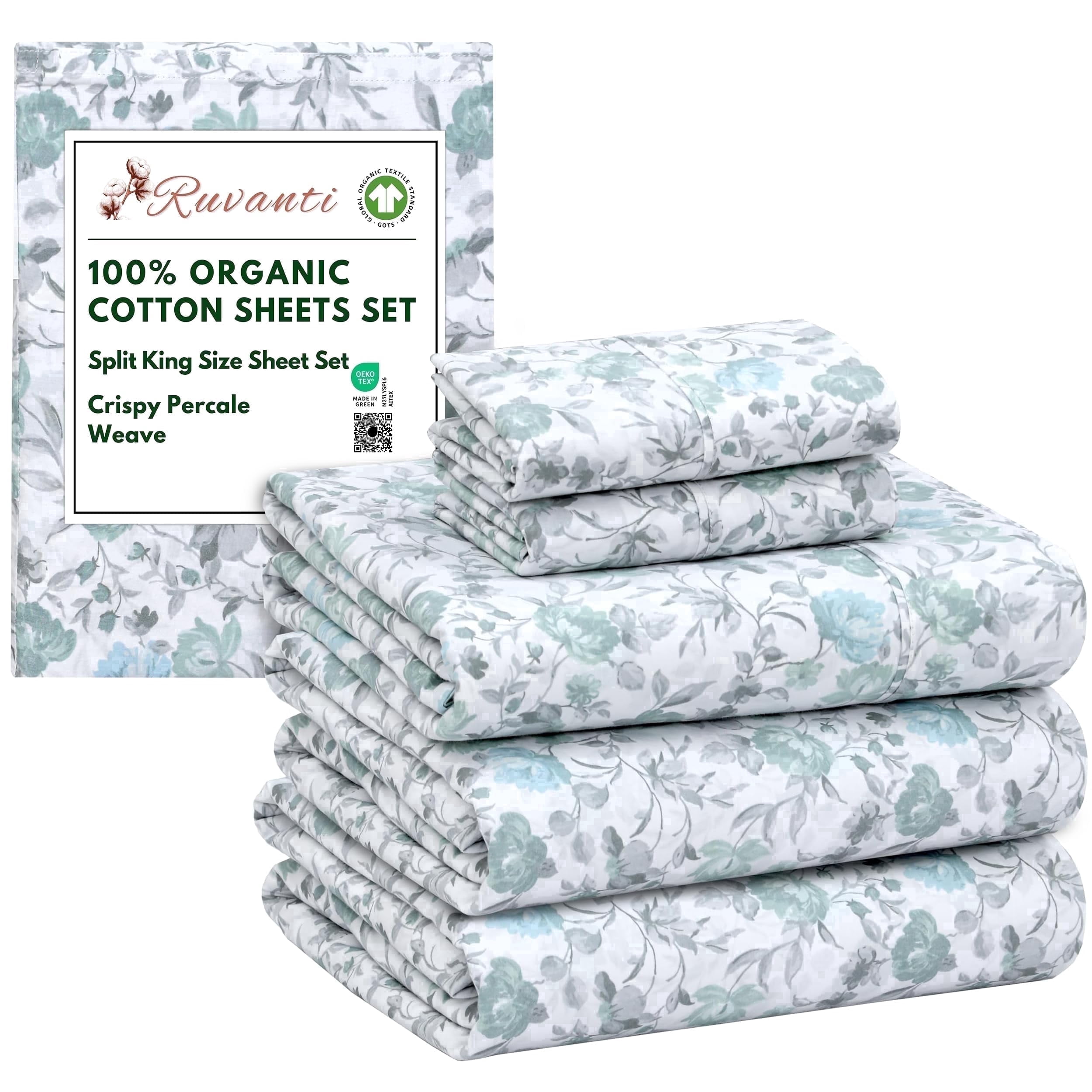 RUVANTI 100% Organic Cotton Sheets -Split King Sheet - 5 Piece Percale ...