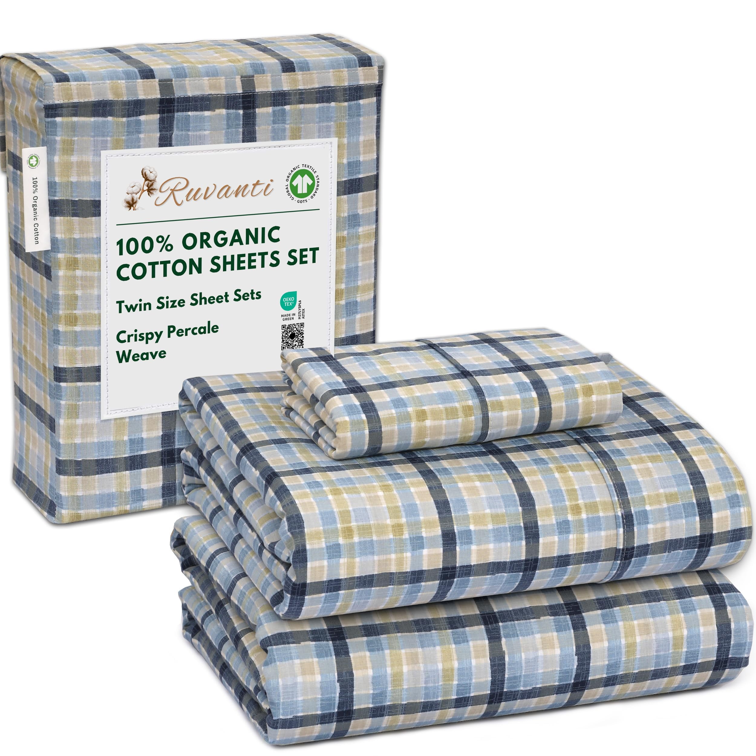 RUVANTI 100% Organic Cotton Sheets - Twin Sheet Set - 3 Piece Percale ...