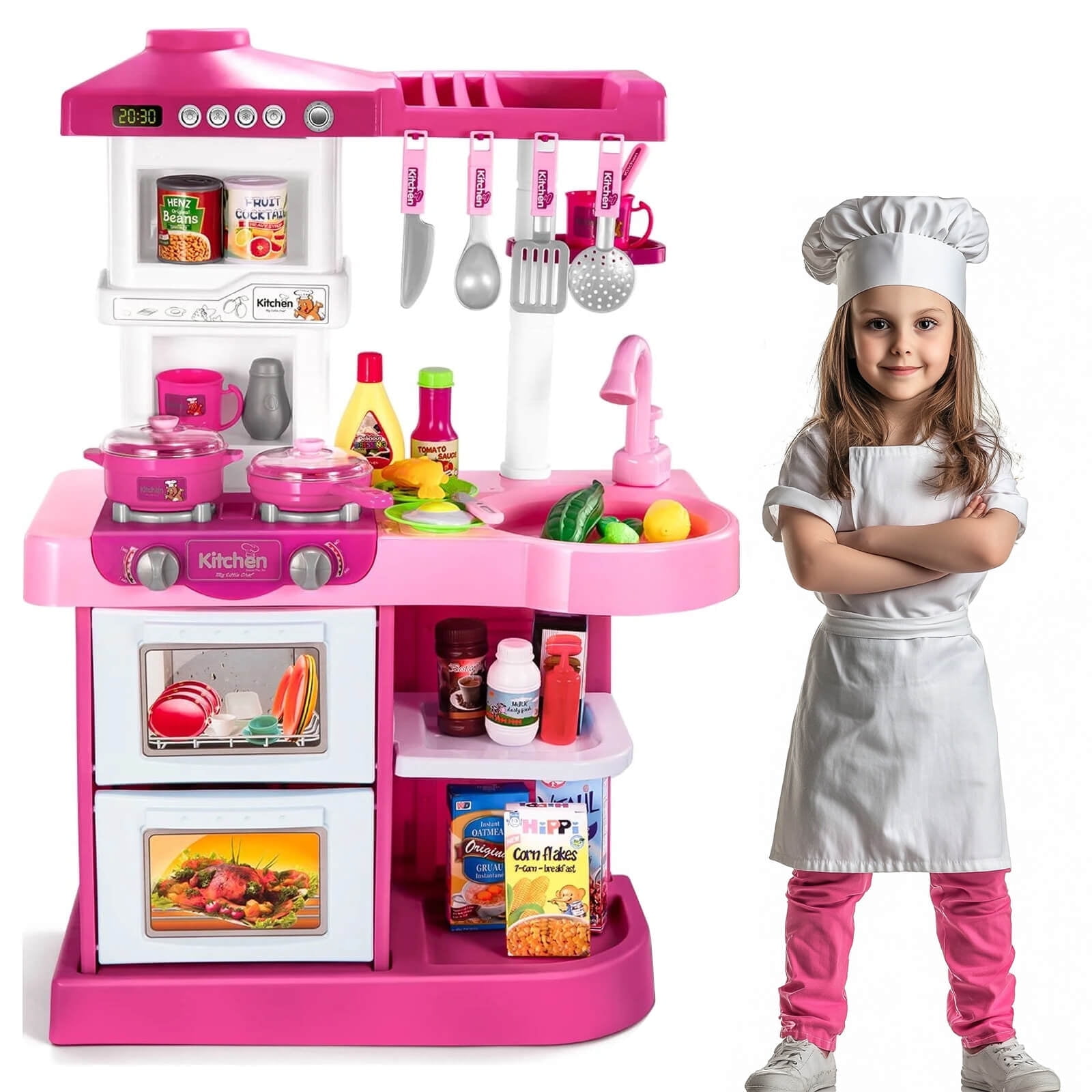 RUVINCE Kids Play Kitchen Pretend Food Playset - 53 PCS Pink Kitchen ...