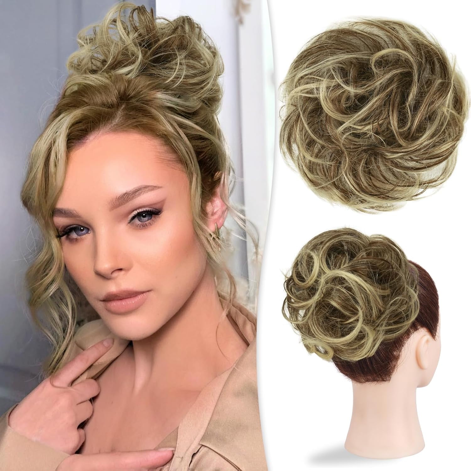 RUWISS Large Messy Bun Hair Piece 100% Human Hair Layered Wavy Curly ...