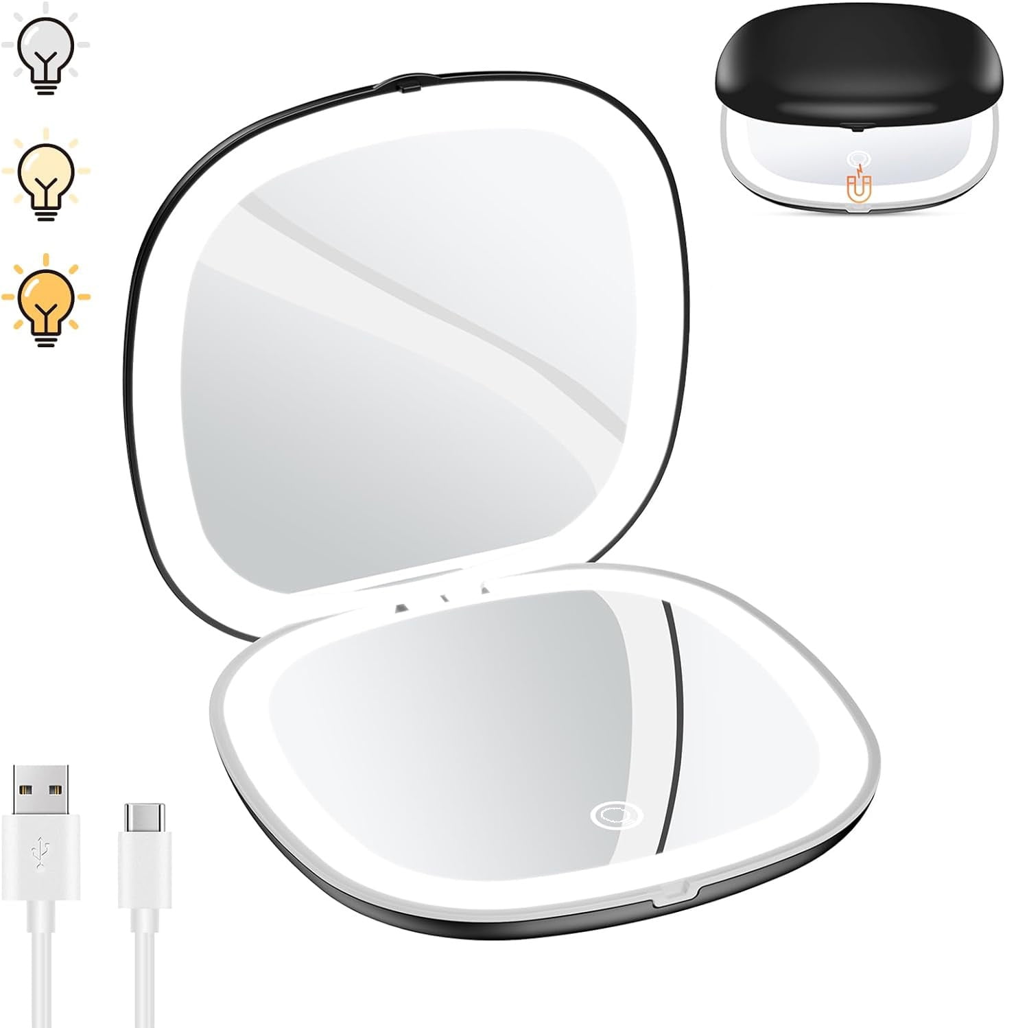 RUseeN 3.54" Rechargeable Compact Makeup Mirror with 3 Light Colors and ...