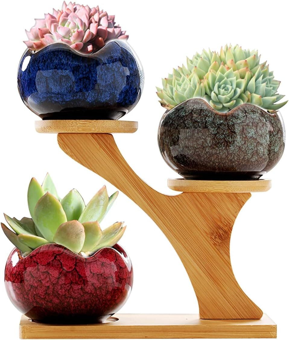 RUseeN 3 Tiers Bamboo Plant Stand Shelf, Desk Flower Pot Holder ...