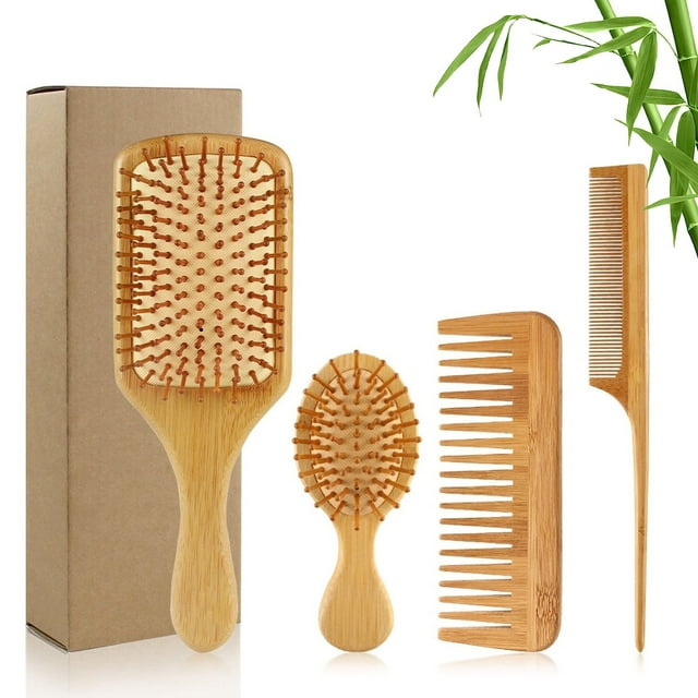 RUseeN Bamboo Hair Brush Comb Set - Natural Wooden Hairbrush Paddle ...