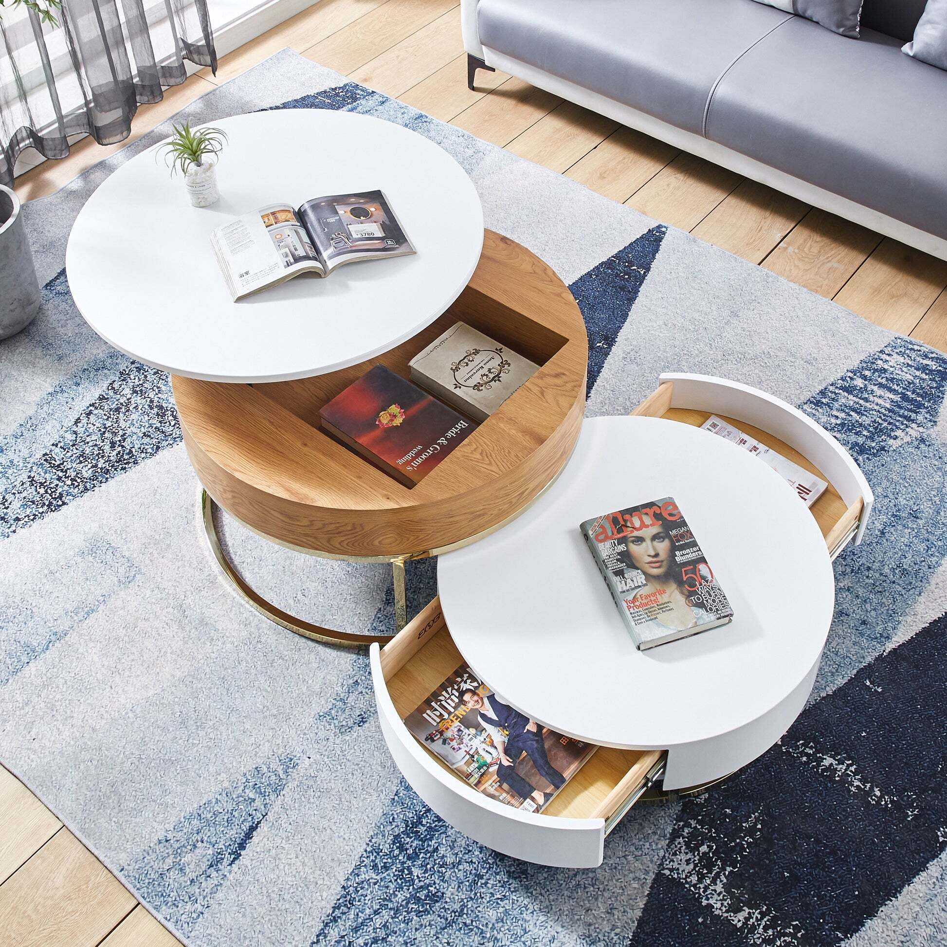 RUseeN Round Coffee Table White with Storage Lift-Top Wood Coffee Table ...