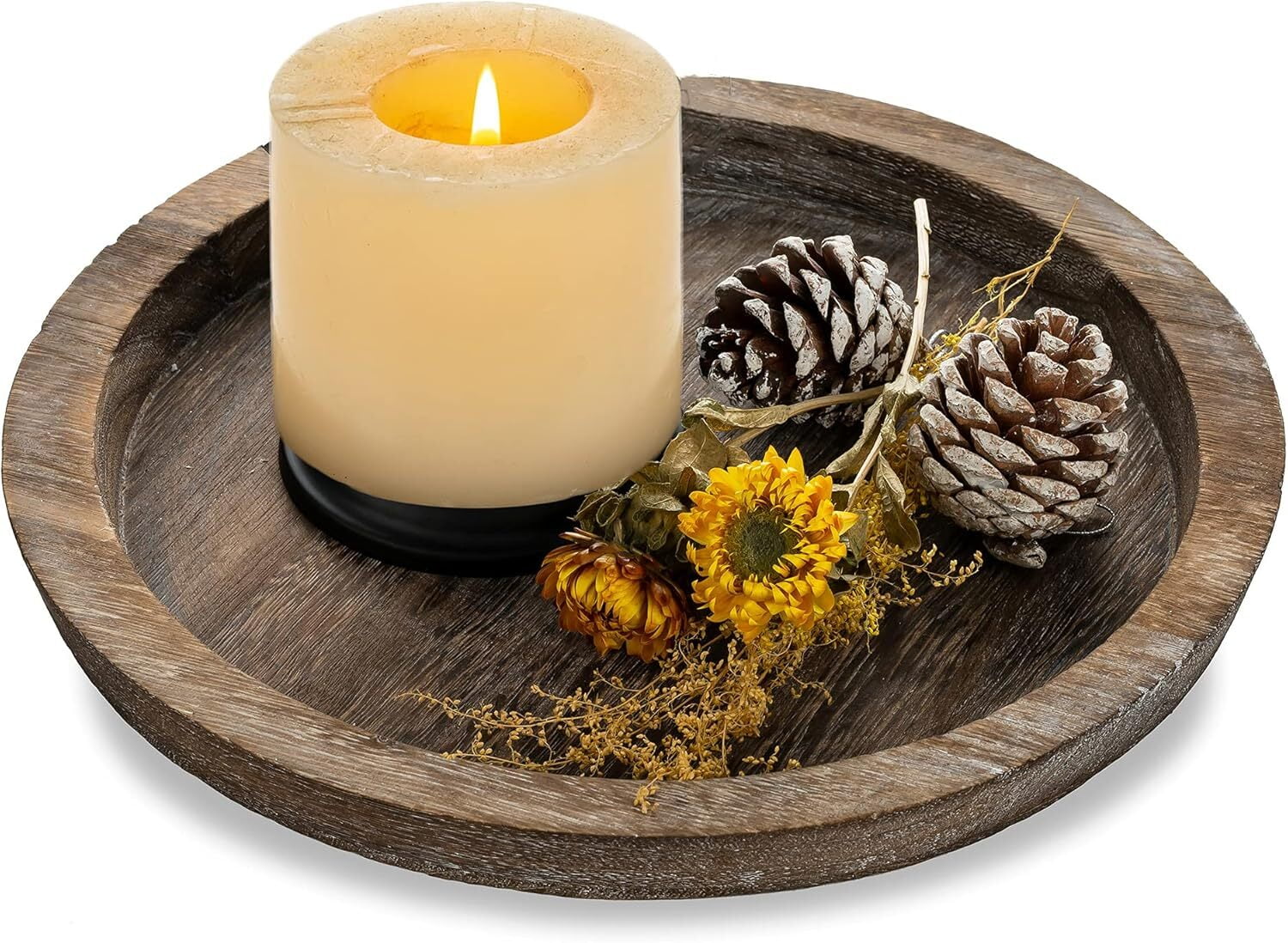 RUseeN Round Wood Candle Tray, 11" Rustic Wooden Candle Holder ...