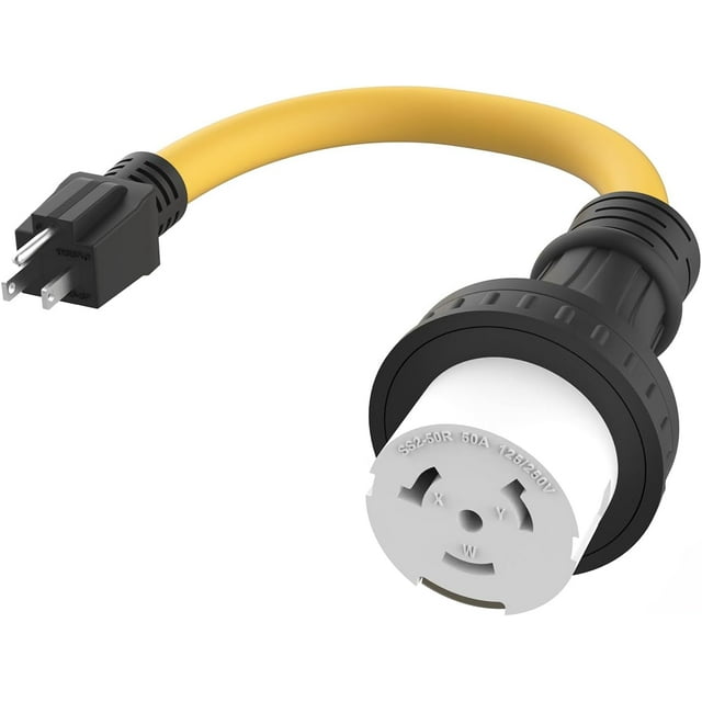 RV Adapter Cord with locking connector, NEMA 5-15P to SS2-50R, 50 Amp to 15 Amp, 110V, 10 gauge ...