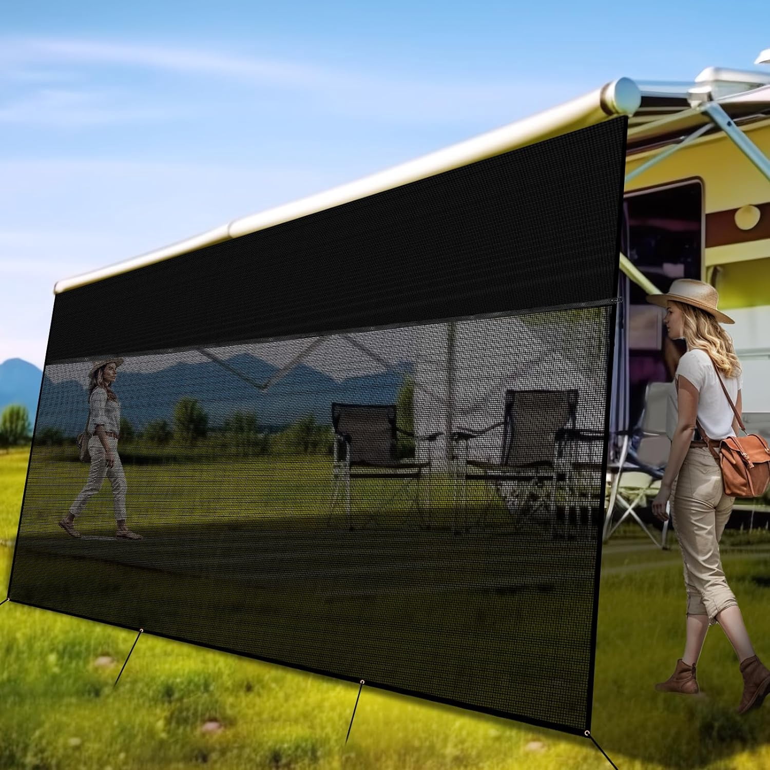 RV Awning Shade Screen with Zipper 9' x 10'3'', 600D Oxford Top + Mesh ...