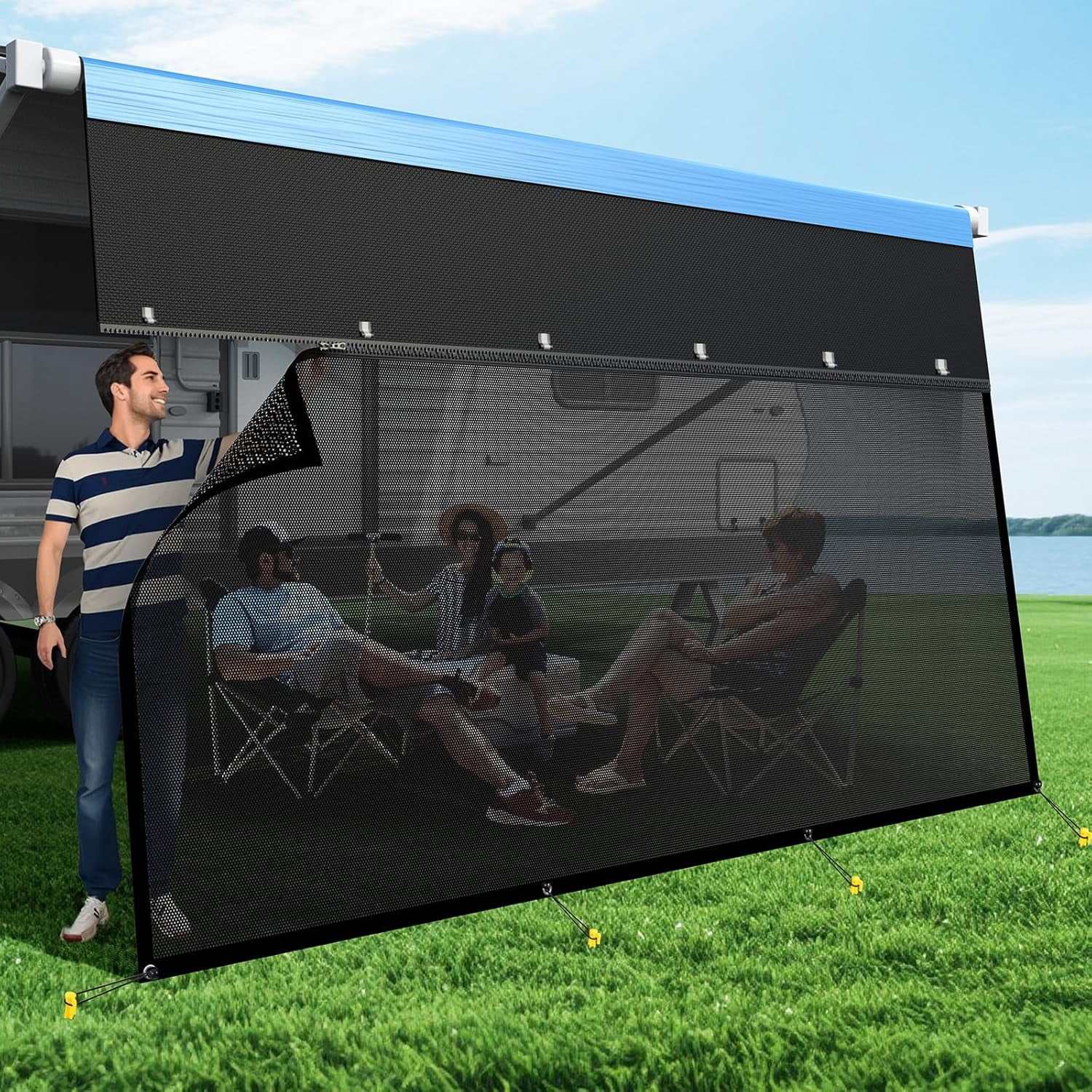 RV Awning Sun Shade Screen with Zipper, Upgrade 600D Oxford Top + 8 ...