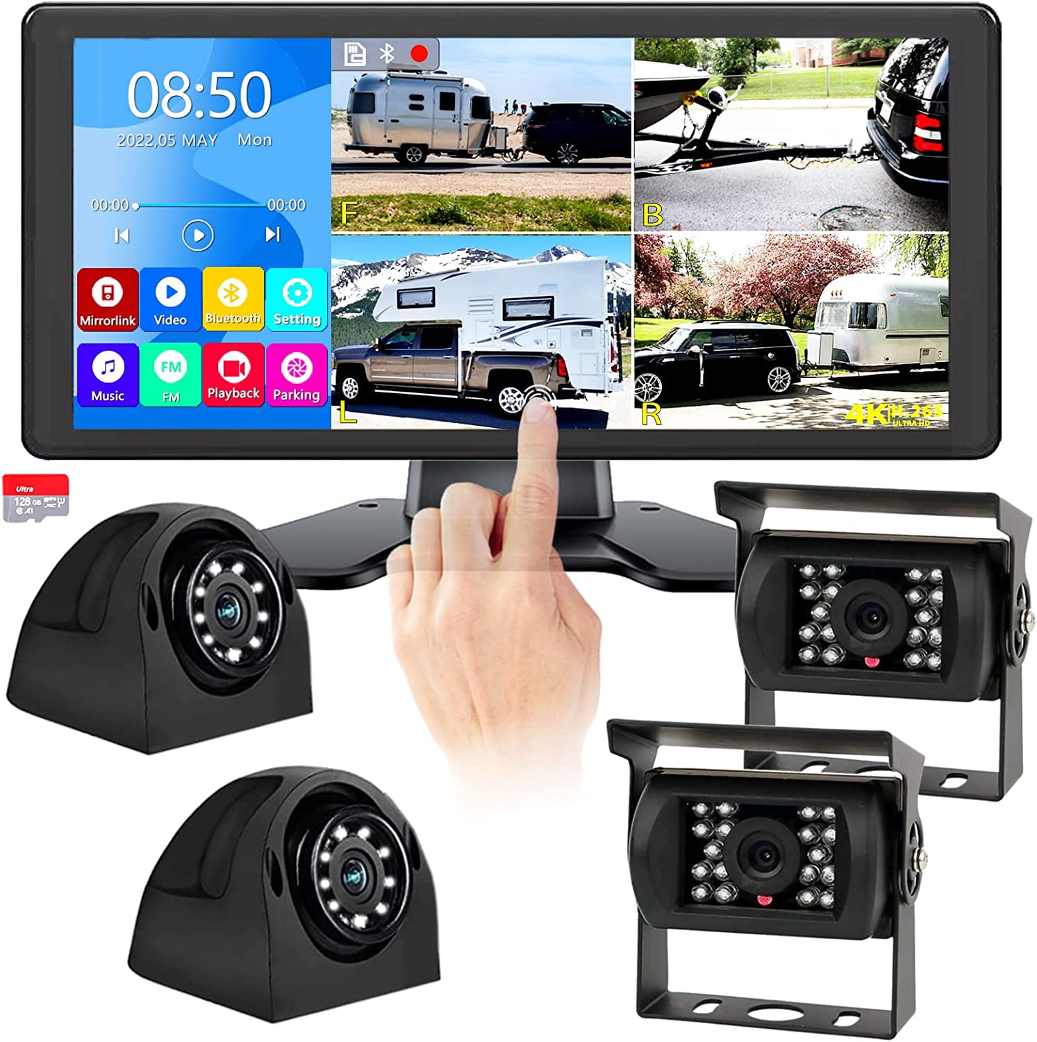 RV Backup Camera System, 10.36" DVR Quad 4 Split Touchable Monitor with ...