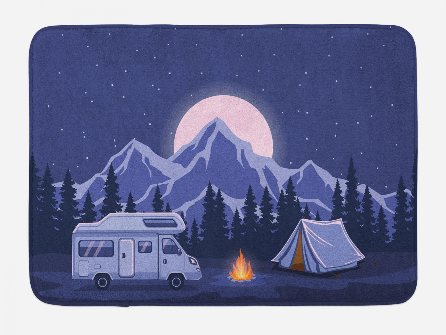 RV Bath Mat, Family Adventure Camping Night Scene Pine Forest Rocky ...