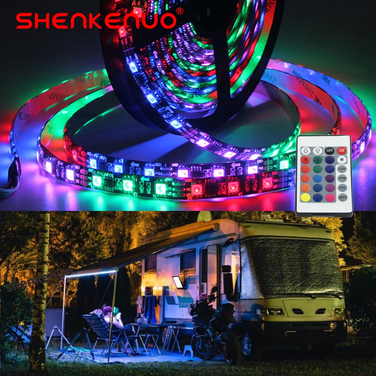 RV Camper 16.4FT 5M RGB LED Awning Light 12V w/mini 24 key remote ...