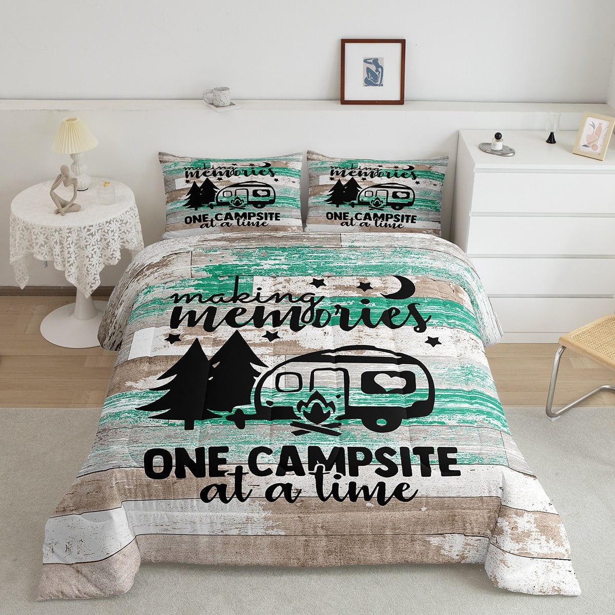 Erosebridal RV Camper Bedding Queen, Rustic Wood Planks Teal Ombre ...