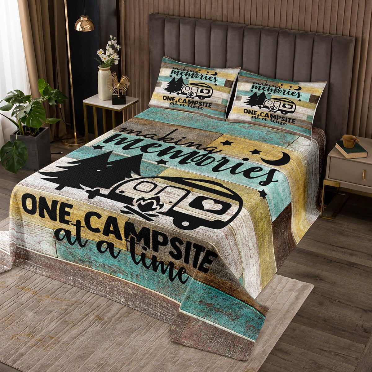 RV Camper Bedspread Set King,Camping Quilt Set Camping Decor,RV Travel ...