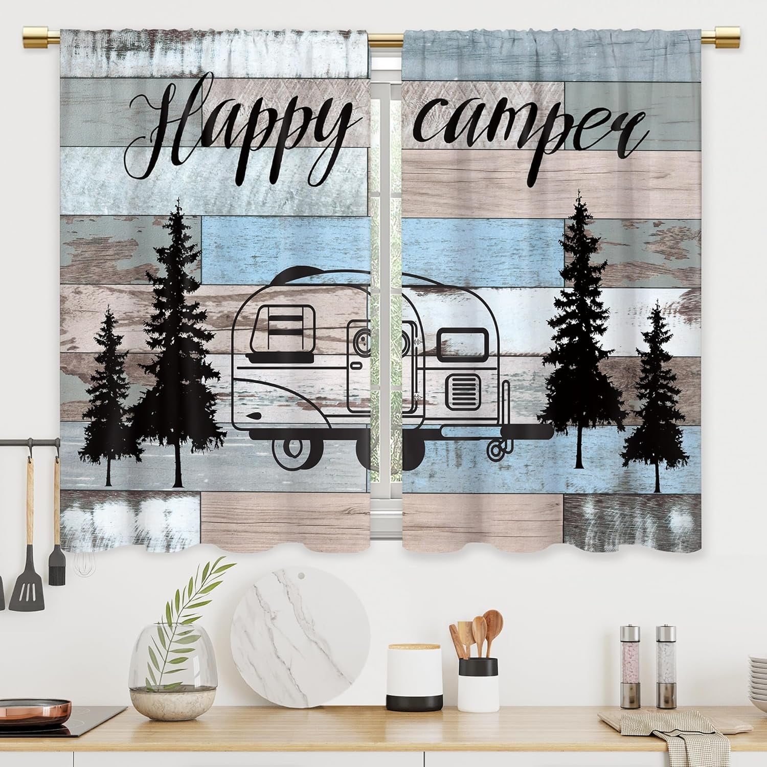 RV Camper Kitchen Curtains - Farmhouse Wooden Rustic Retro Bathroom ...