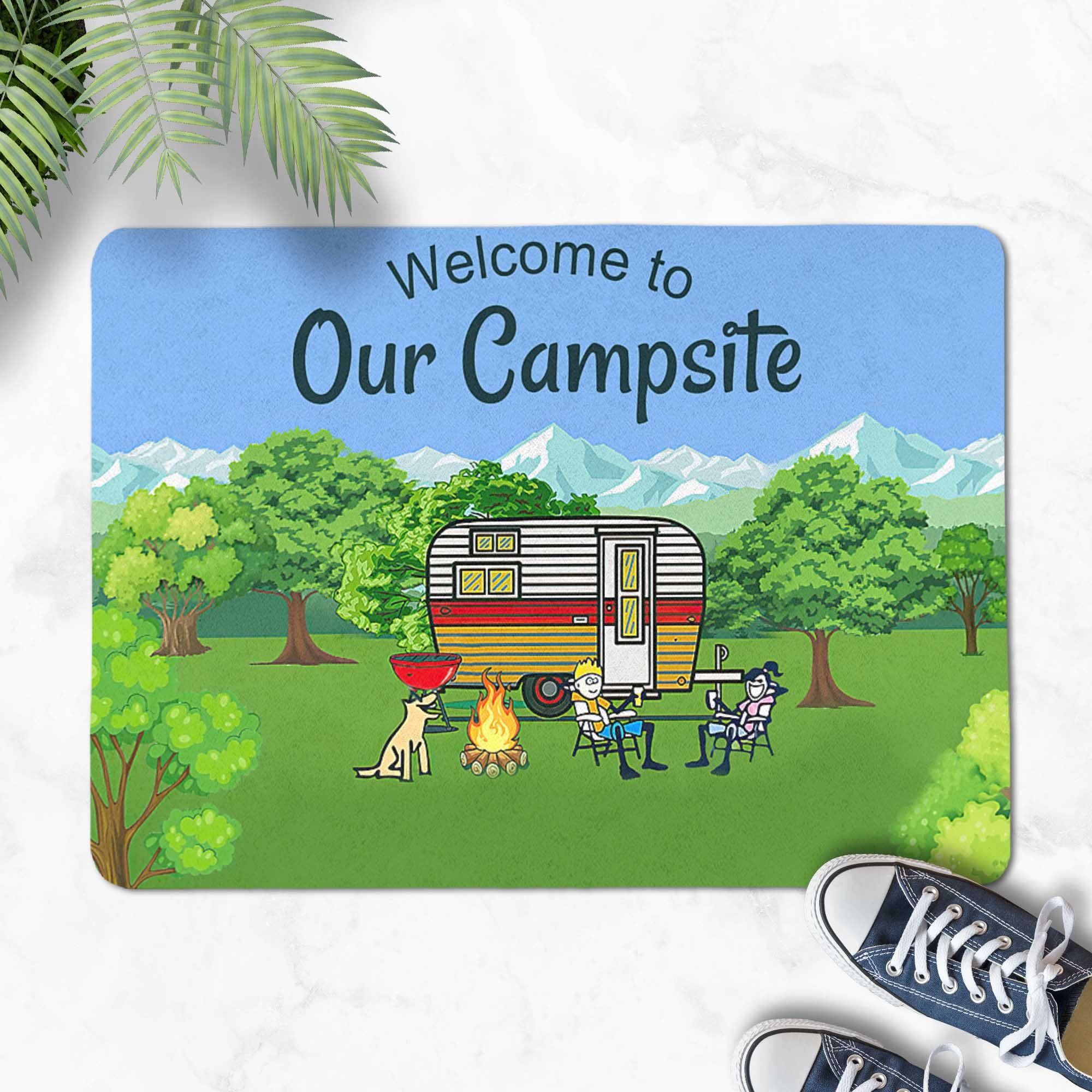 RV Campsite Doormat – Retro Camper Outdoor Rug with Family & Pet by ...