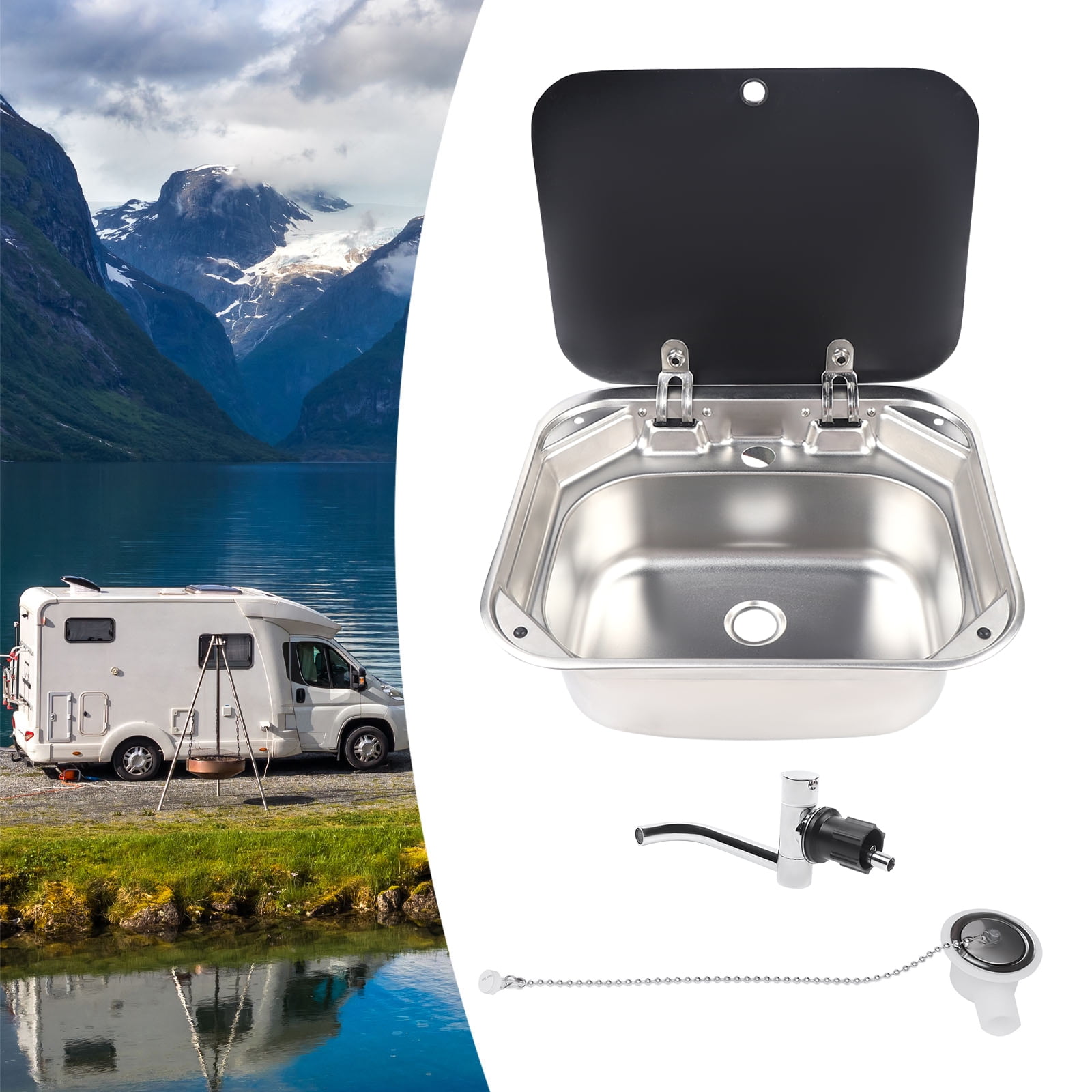 RV Caravan Camper Stainless Steel Kitchen Sink with Hinged Glass Lid ...