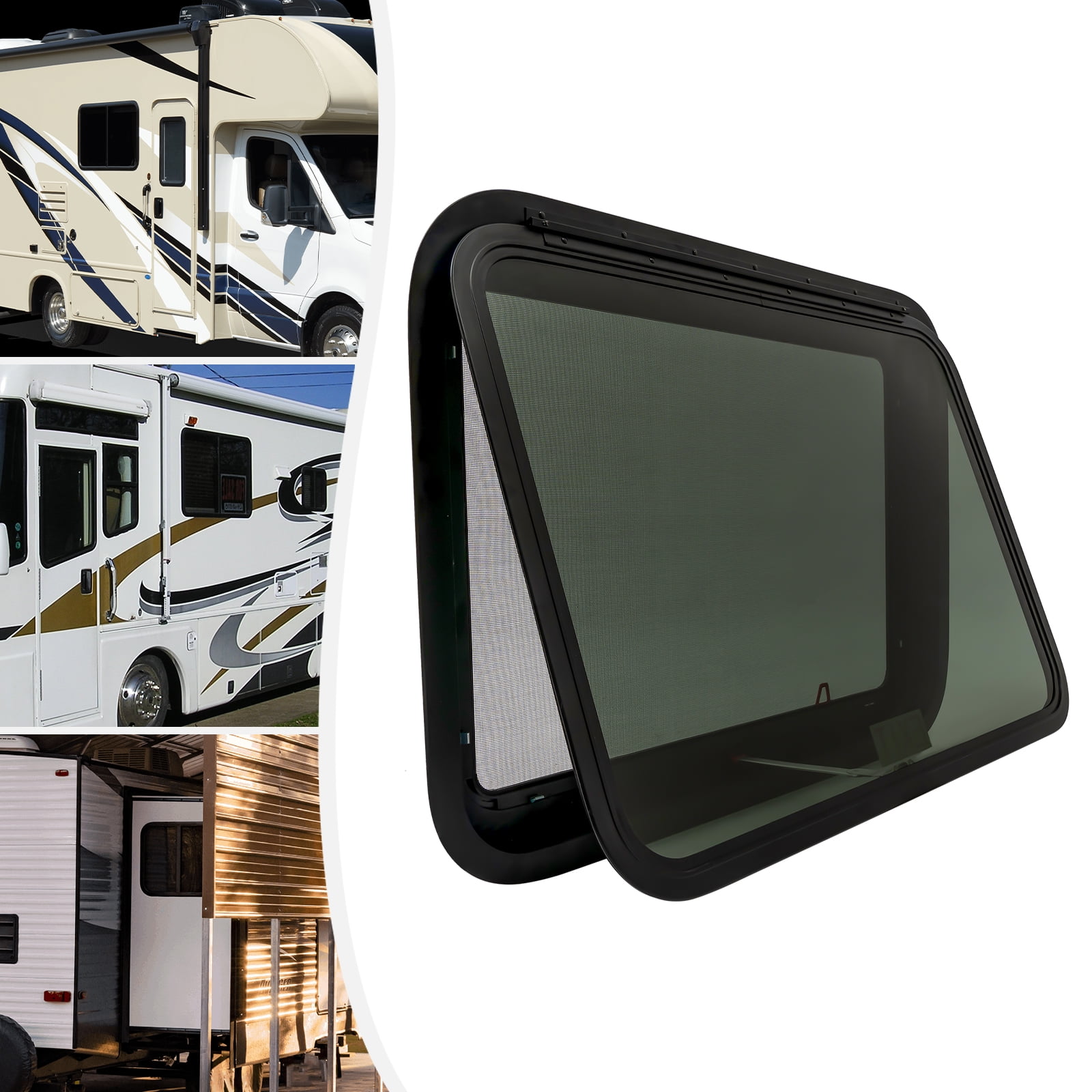 RV Caravan Hinged Window, Black Aluminum Alloy, Tempered Glass, Manual ...