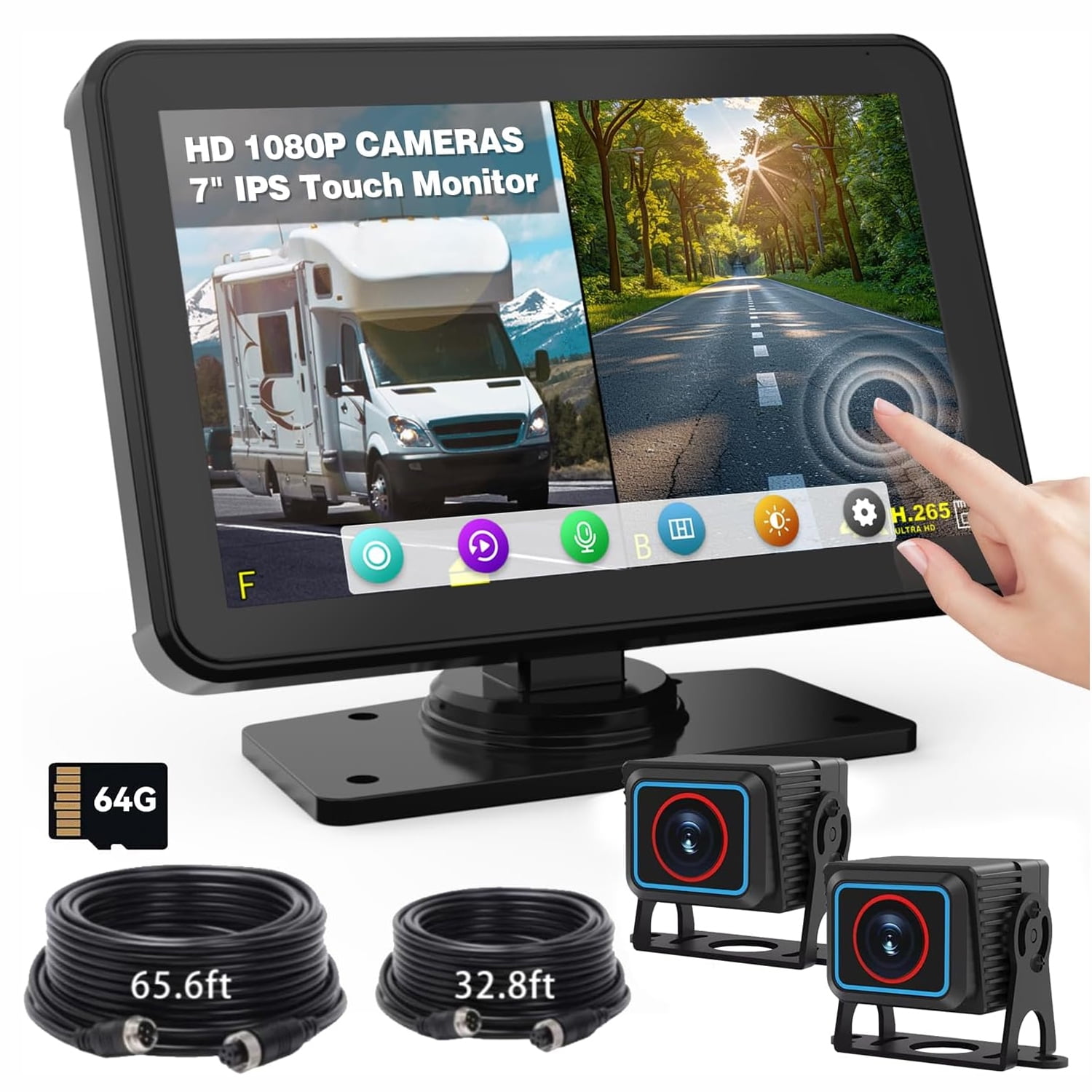 RV Dual Backup Camera with 7” Touch Screen Monitor, Wired Kit Double HD ...