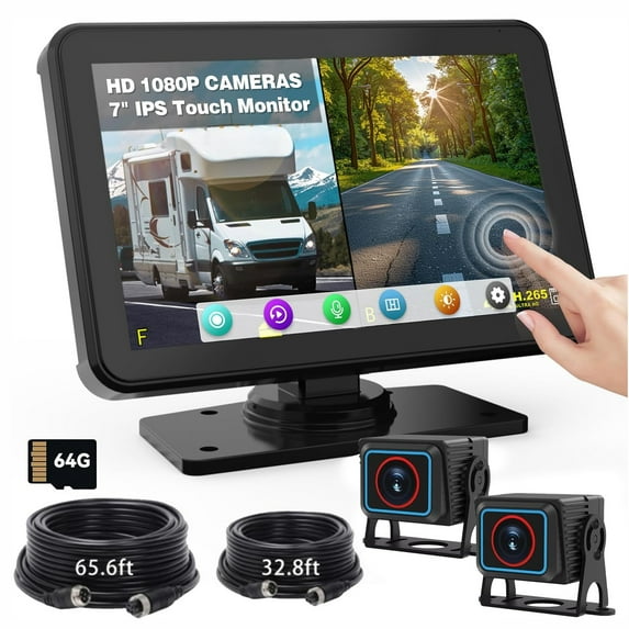 RV Dual Backup Camera with 7” Touch Screen Monitor, Wired Kit Double HD ...