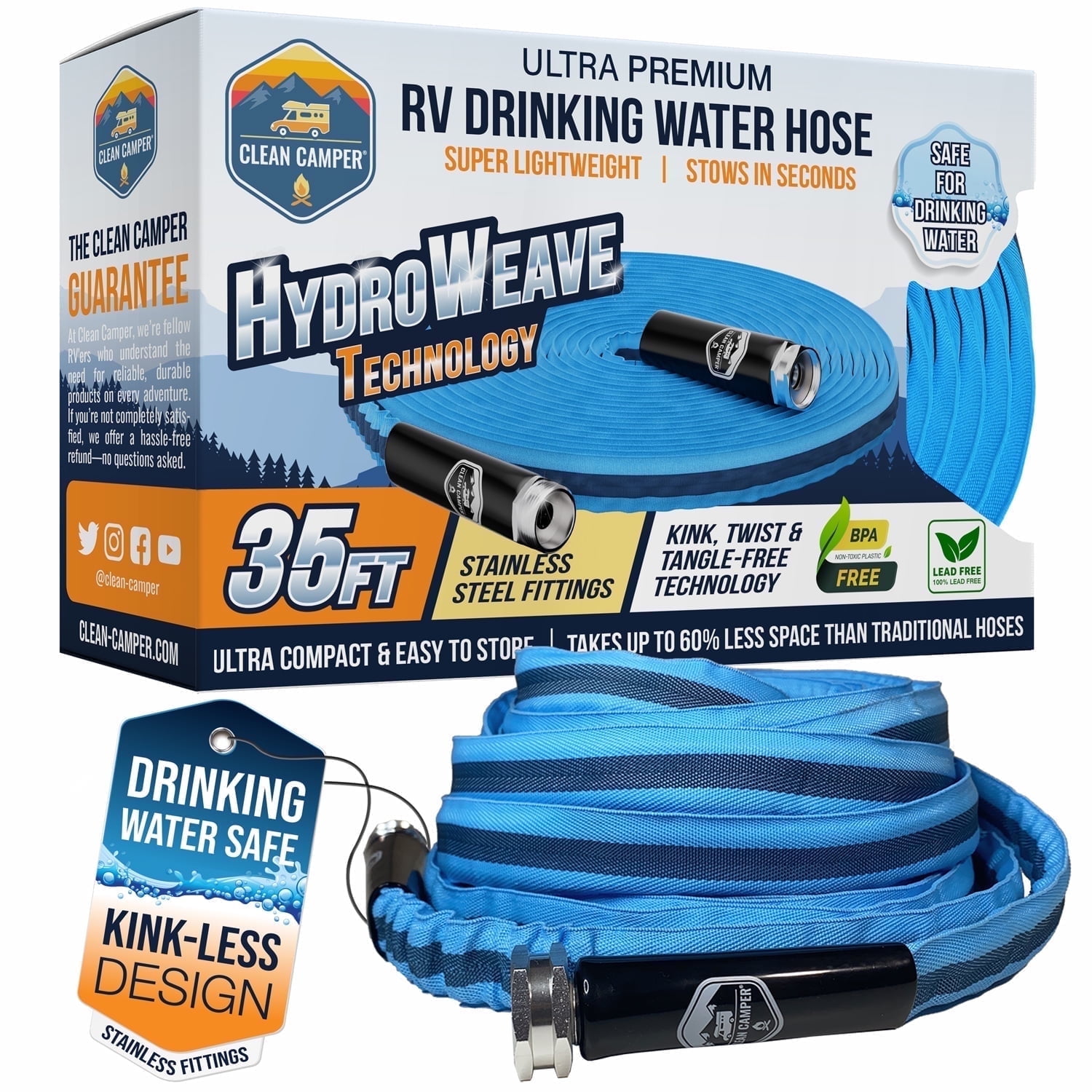 RV Fresh Water Drinking Hose 35' by Clean Camper- Kink Free Design ...