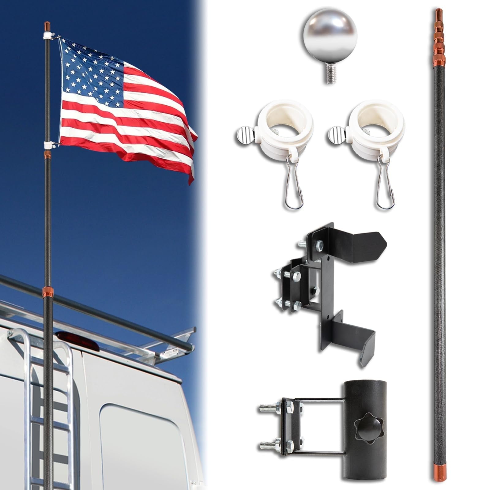 RV Ladder Flagpole Kit, Carbon Fiber Telescopic Flagpole - 20ft ...