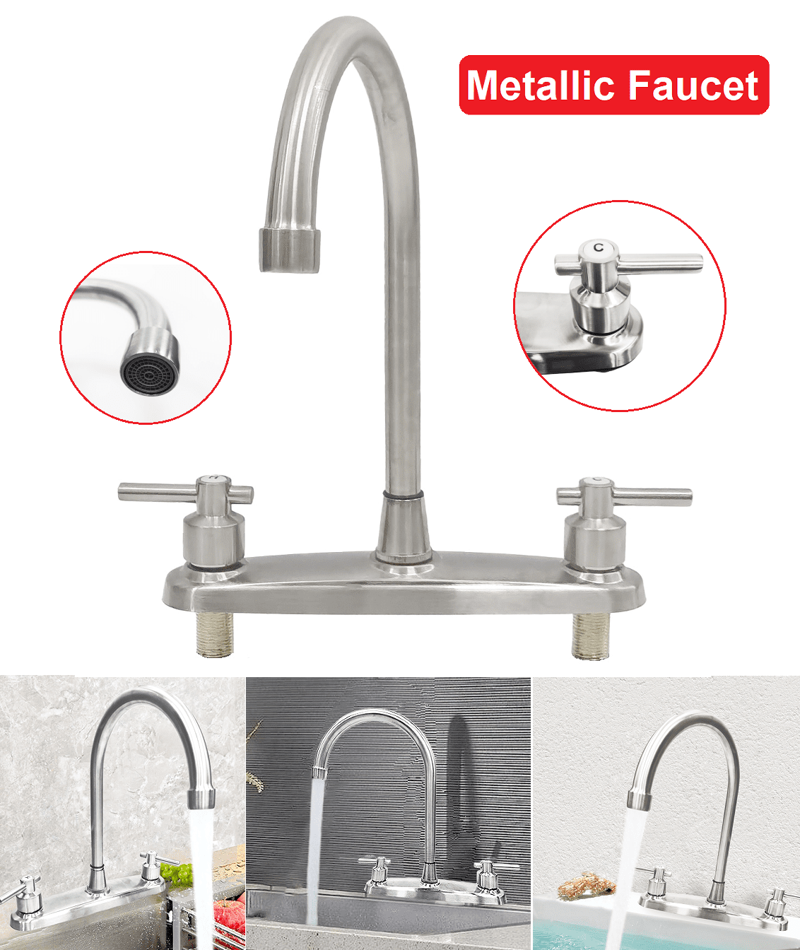 Kitchen Sink Faucet 2 Handle 8 Inch Centerset High Arc 360° Swivel Hot ...