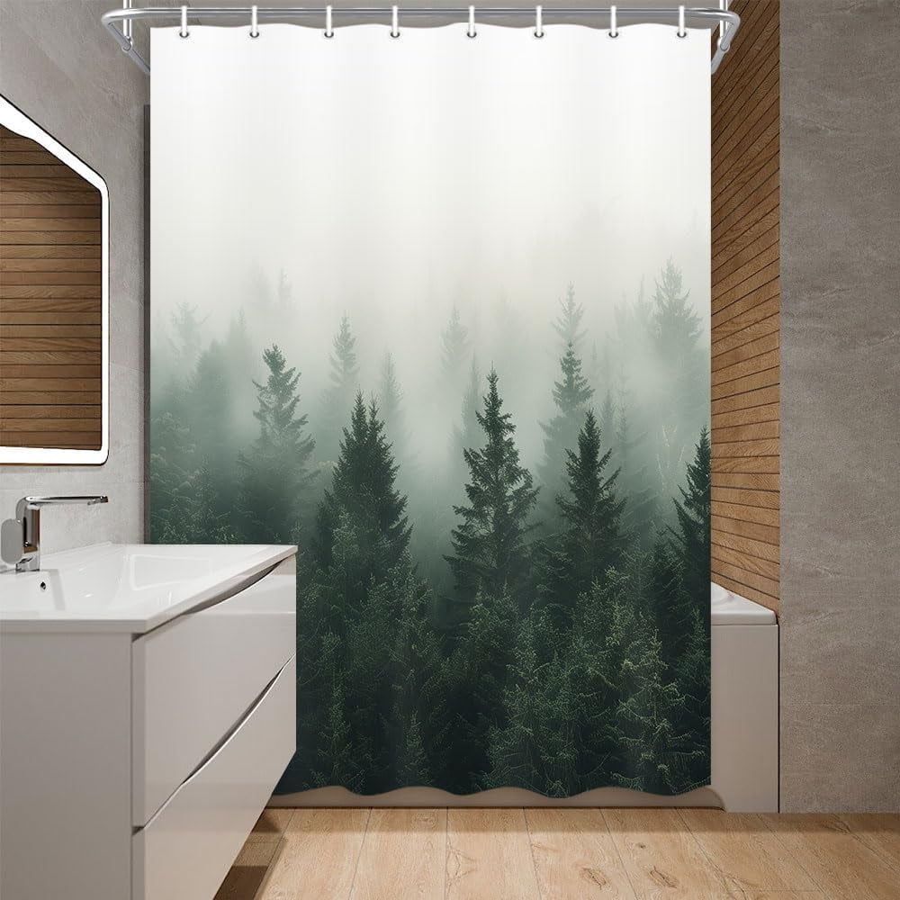 Green Misty Forest Shower Curtain Nature Shower Curtain Set Pine Tree ...