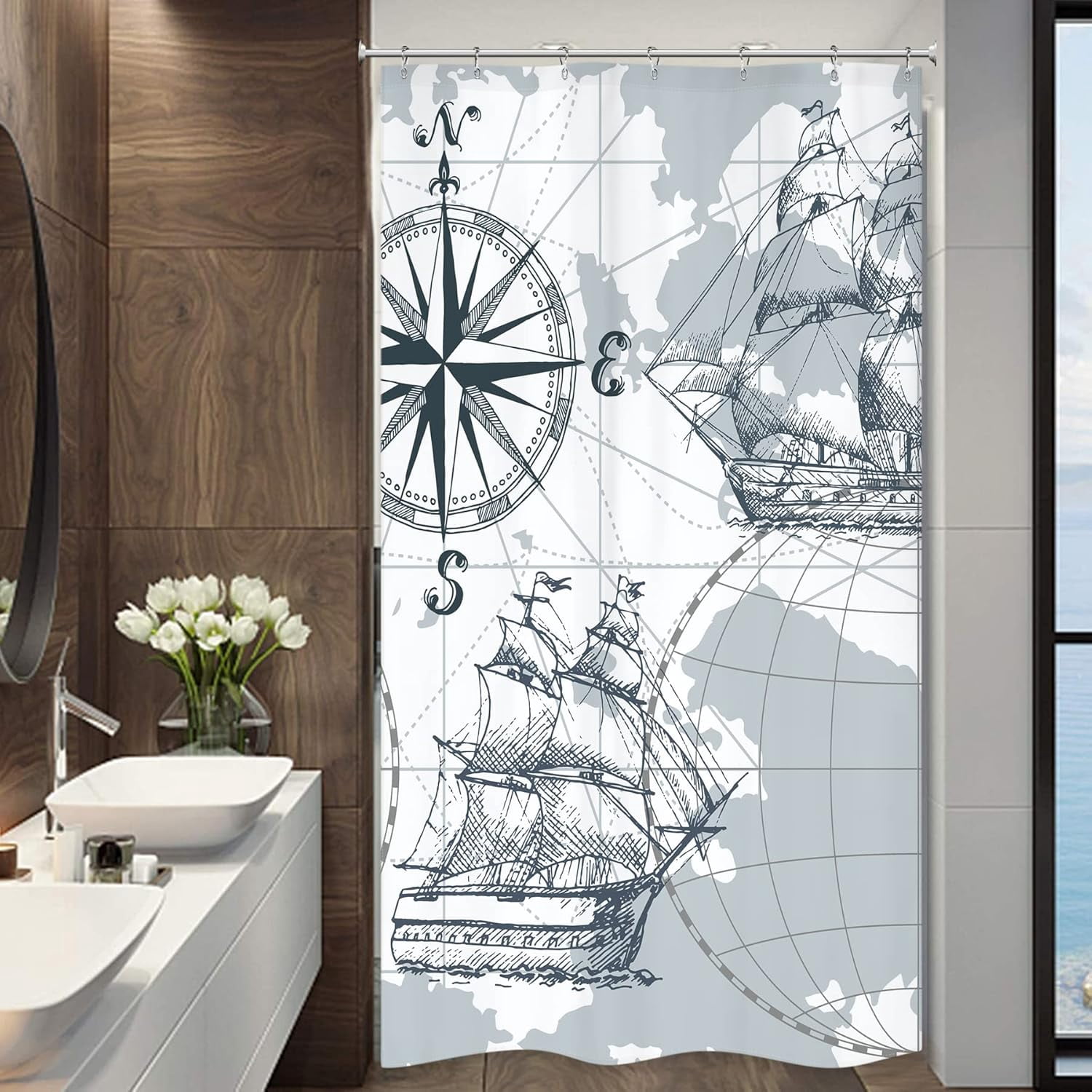 RV Stall Small Nautical Sailboat Map Shower Curtain 36Wx72H Inch Narrow ...