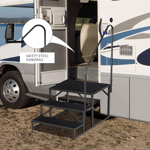 RV Steps with Handrail, 3 Step RV Stairs 660 lbs Load Capacity, Step ...