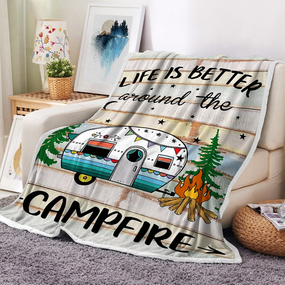 RV Throw Blanket, Retro Rustic Wood Neutral Travel Trailer Camping ...