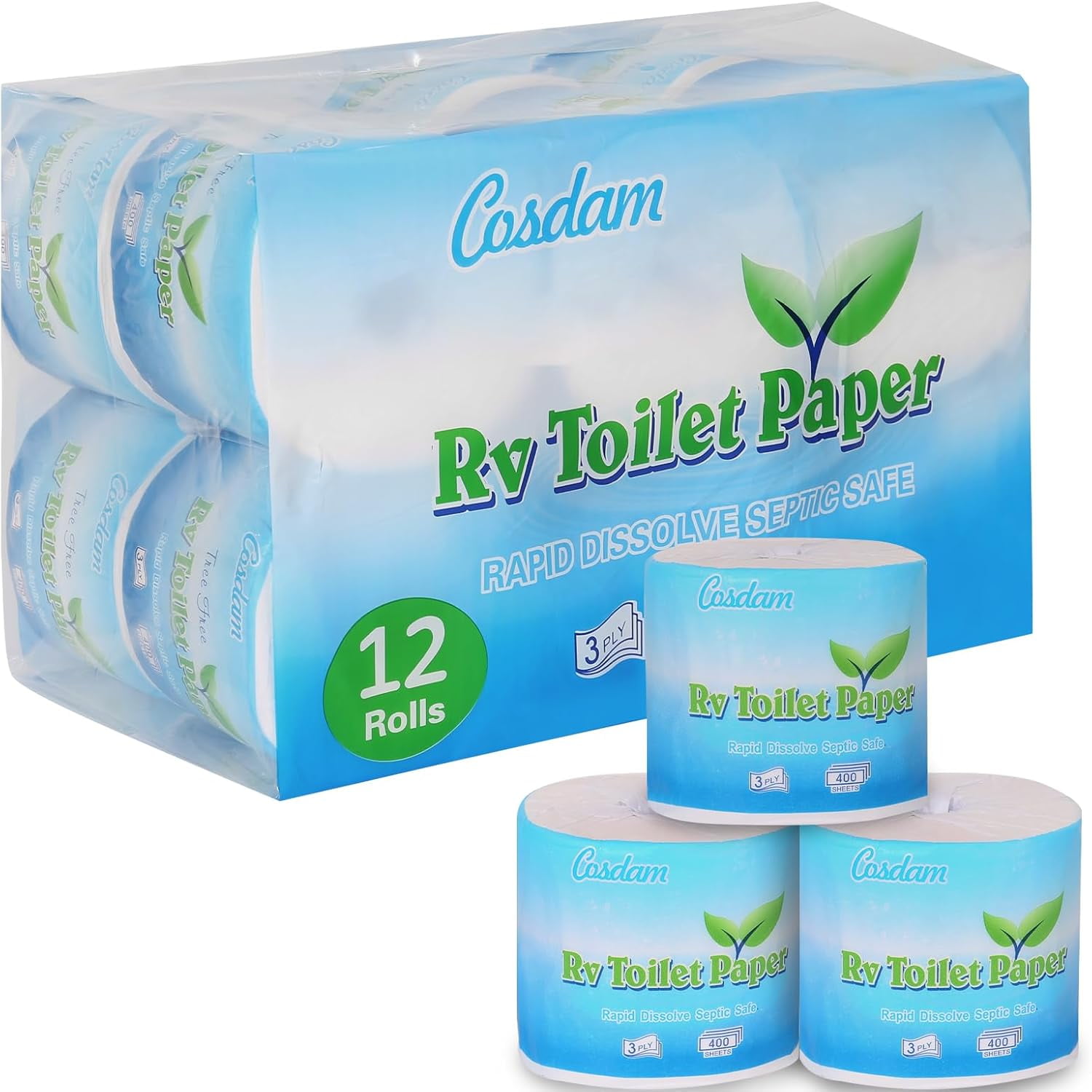 RV Toilet Paper, 12 Rolls,3-Ply 400 Sheets,Fast Dissolve Bath Tissue ...