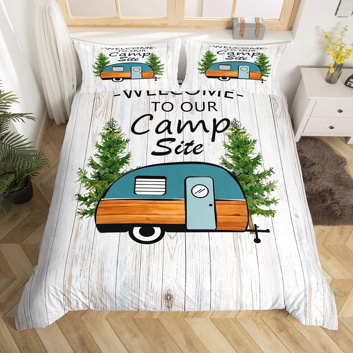 RV Trailer Duvet Cover Set Full Size,Vintage Plank Bedding Set for Kids ...