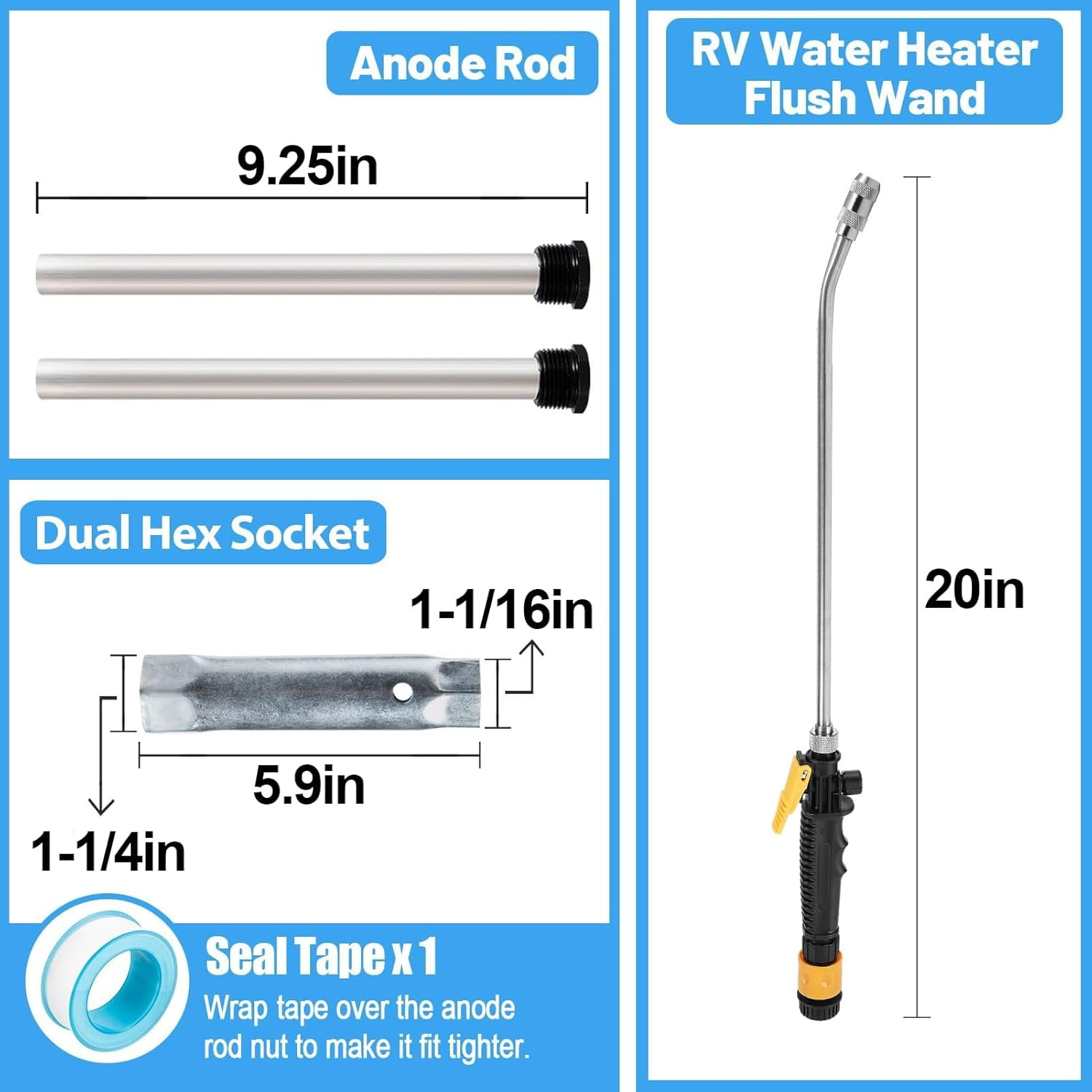 RV Water Anode Rod Kit with Flush Wand and Dual Hex Wrench for & Mor ...