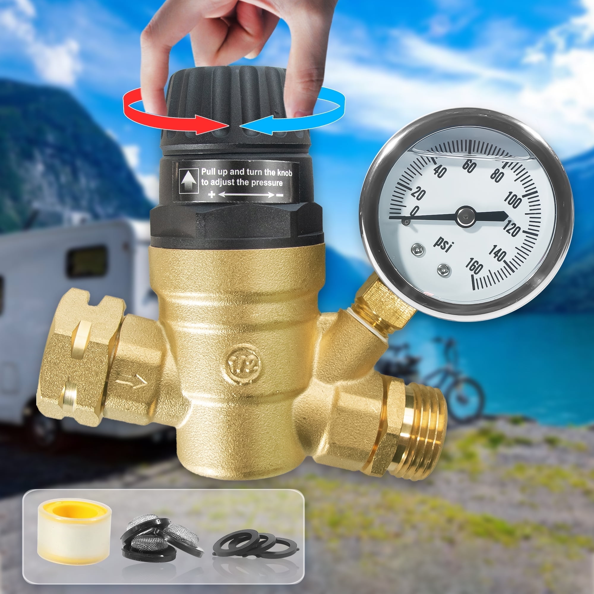 RV Water Pressure Regulator with Adjustable Handle, Lead-Free Brass ...