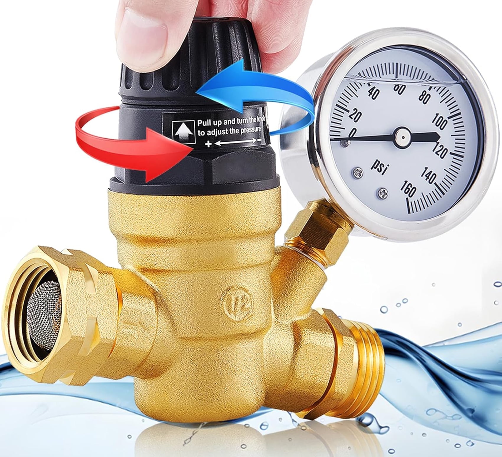 RV Water Pressure Regulator Valve, Brass Lead-Free Adjustable Water ...
