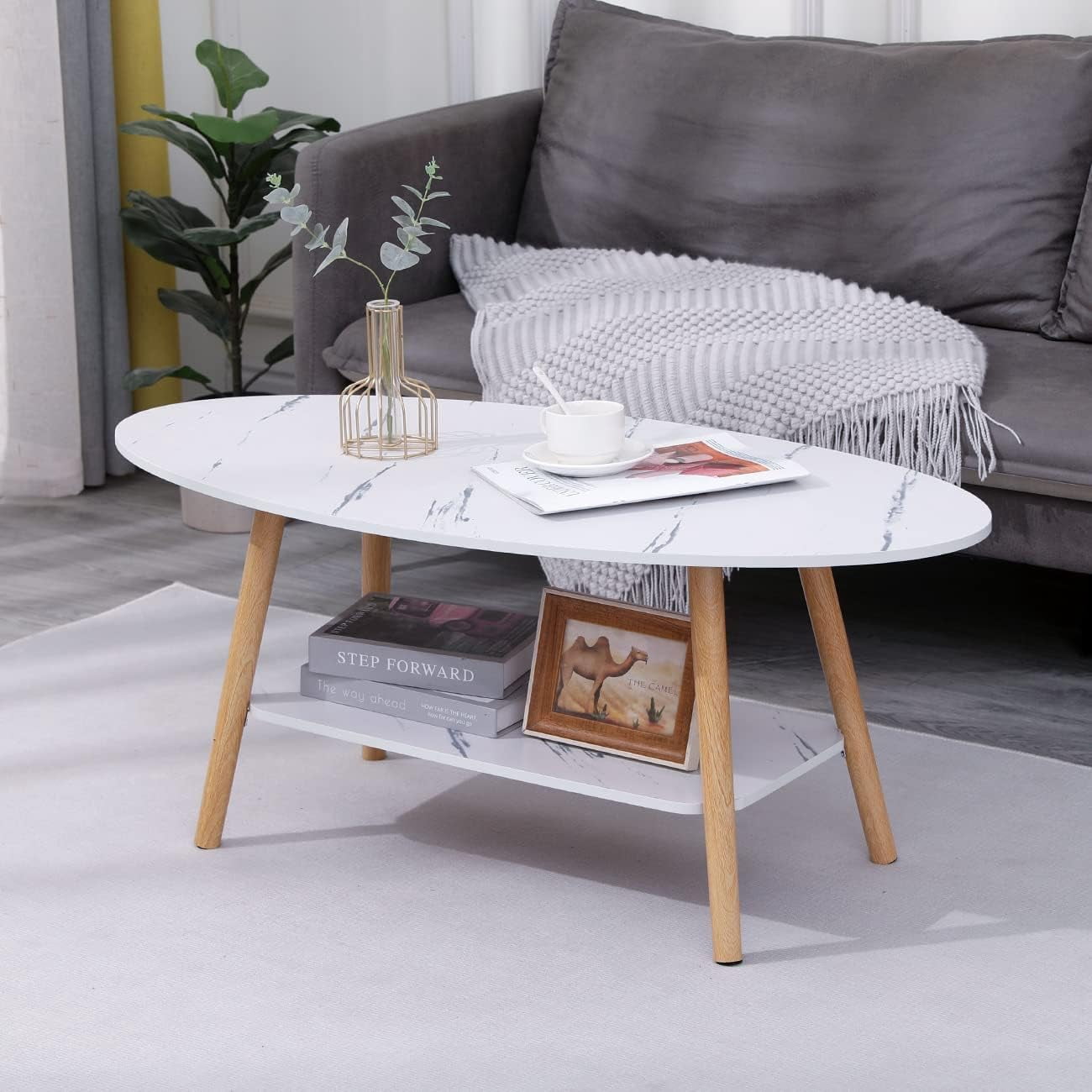 RVEE 2 Tier Coffee Table Cocktail Table Sofa Table Ellipse Oval Faux ...