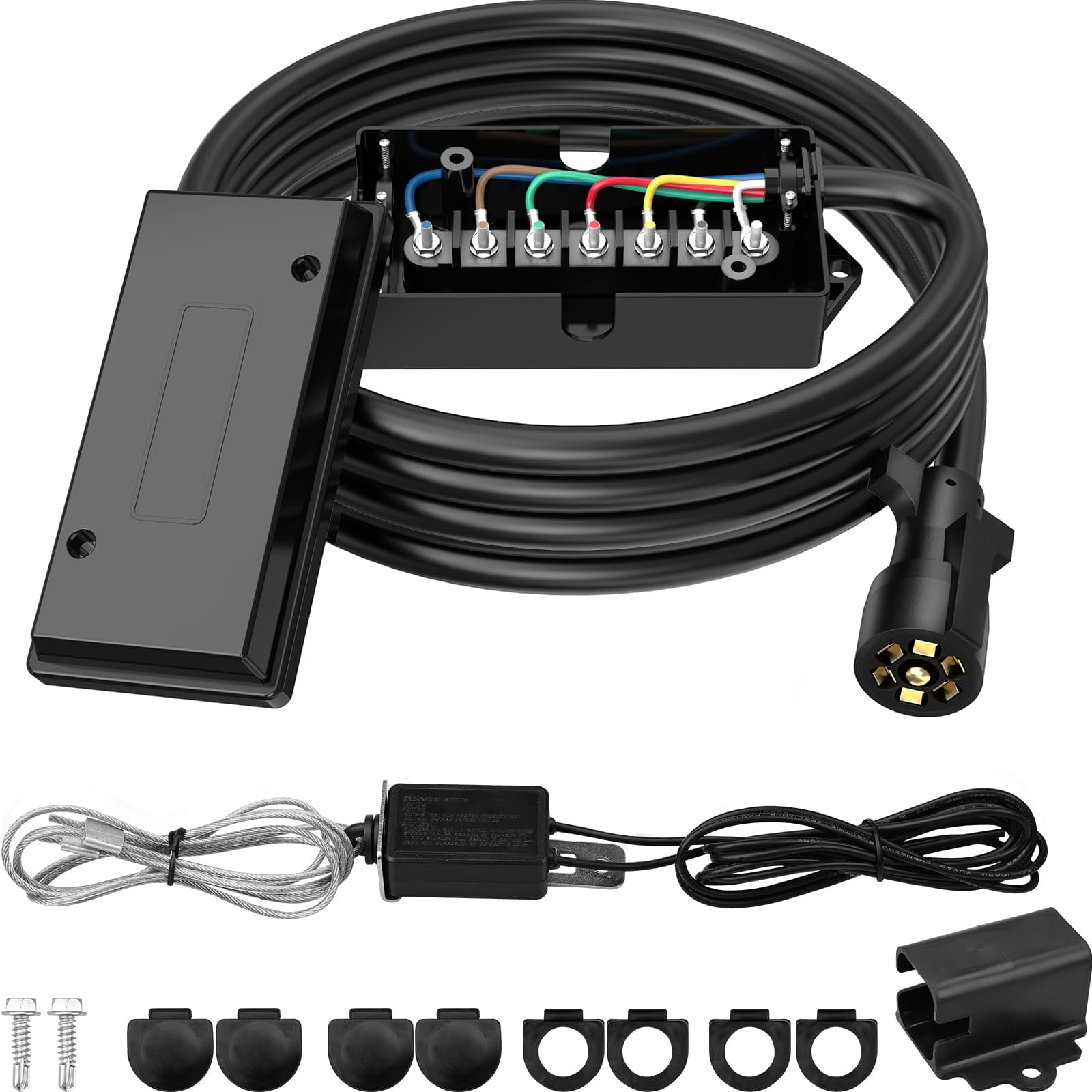 RVGUARD 7 Way 16 Foot Trailer Cord with 7 Gang Junction Box Kit ...
