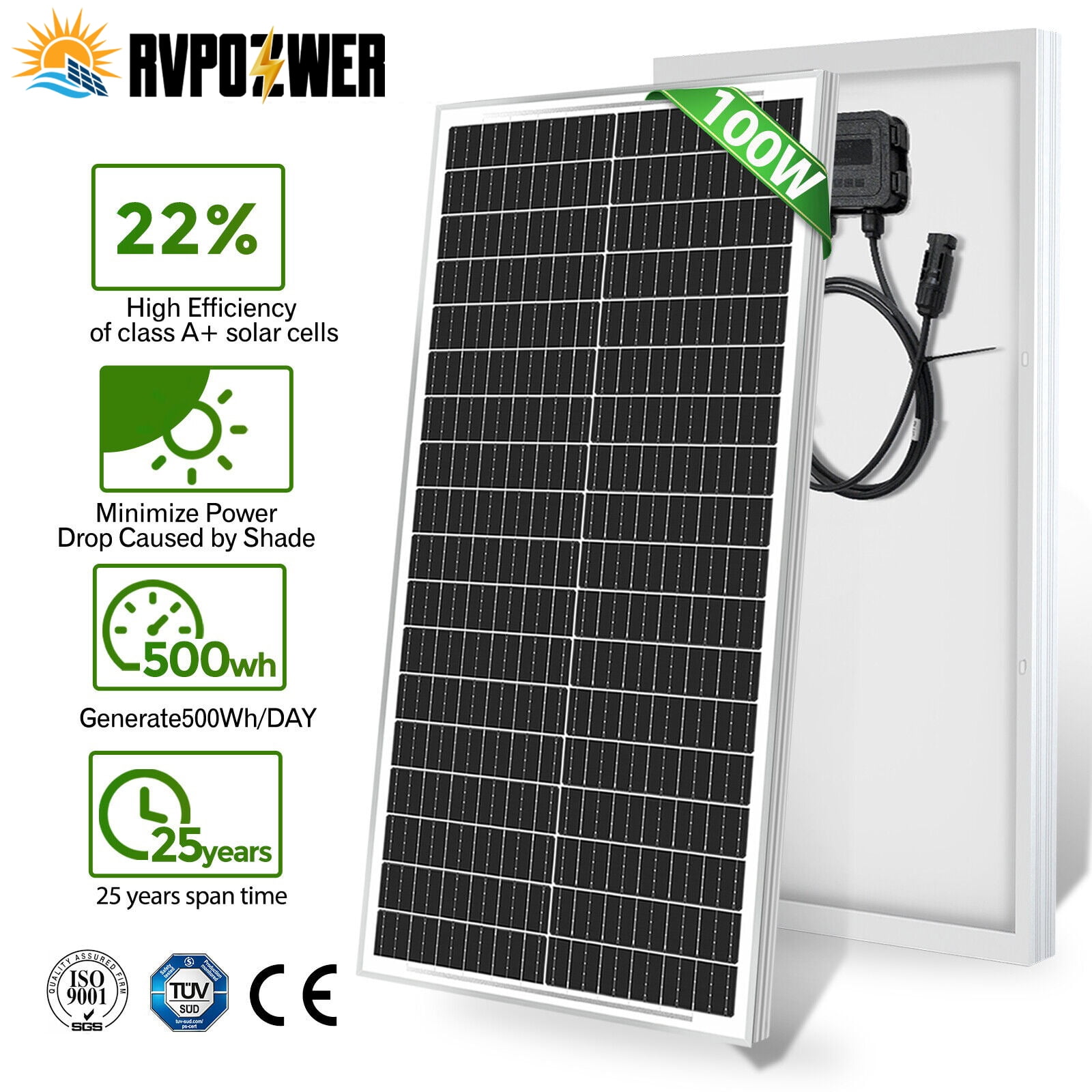 RVPOZWER 100W Solar Panel 12V Portable Monocrystalline Module Solar ...
