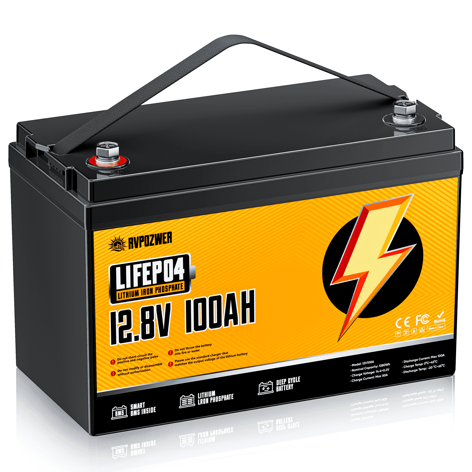 RVPOZWER 12V 100Ah LiFePO4 Battery with 100A BMS, 15000+ Deep Cycles ...