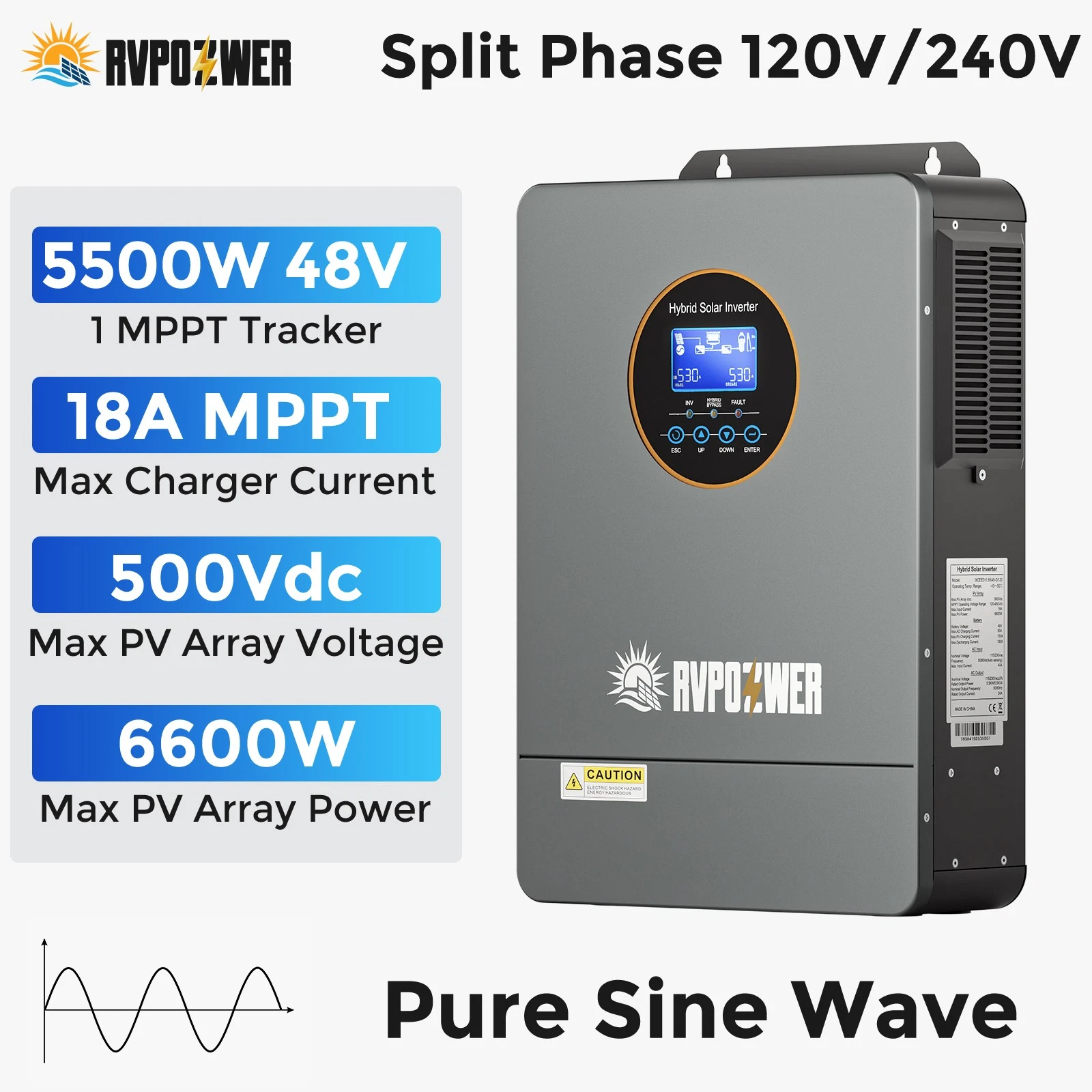 RVPOZWER 5KW Solar Hybrid Inverter 48V DC-120V/220V AC Split Phase Off ...