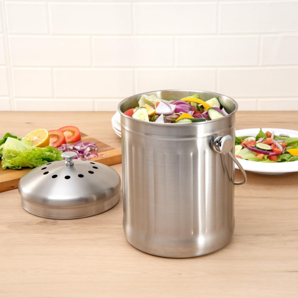 RW Clean 1.3 Gallon Countertop Food Waste Bin - Airtight Lid Stainless ...