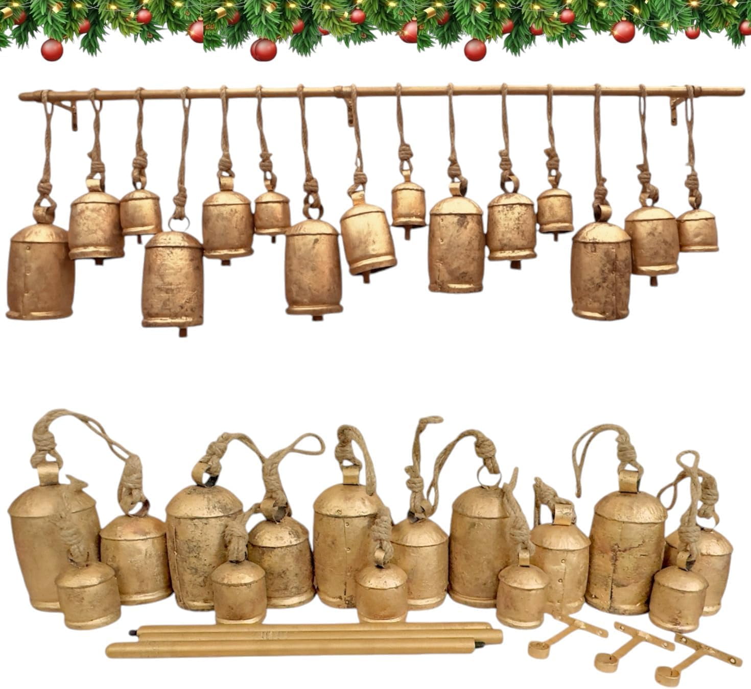 RW Rustic Hanging Bells - Set of 15 Large Giant Christmas Hanging Bells ...