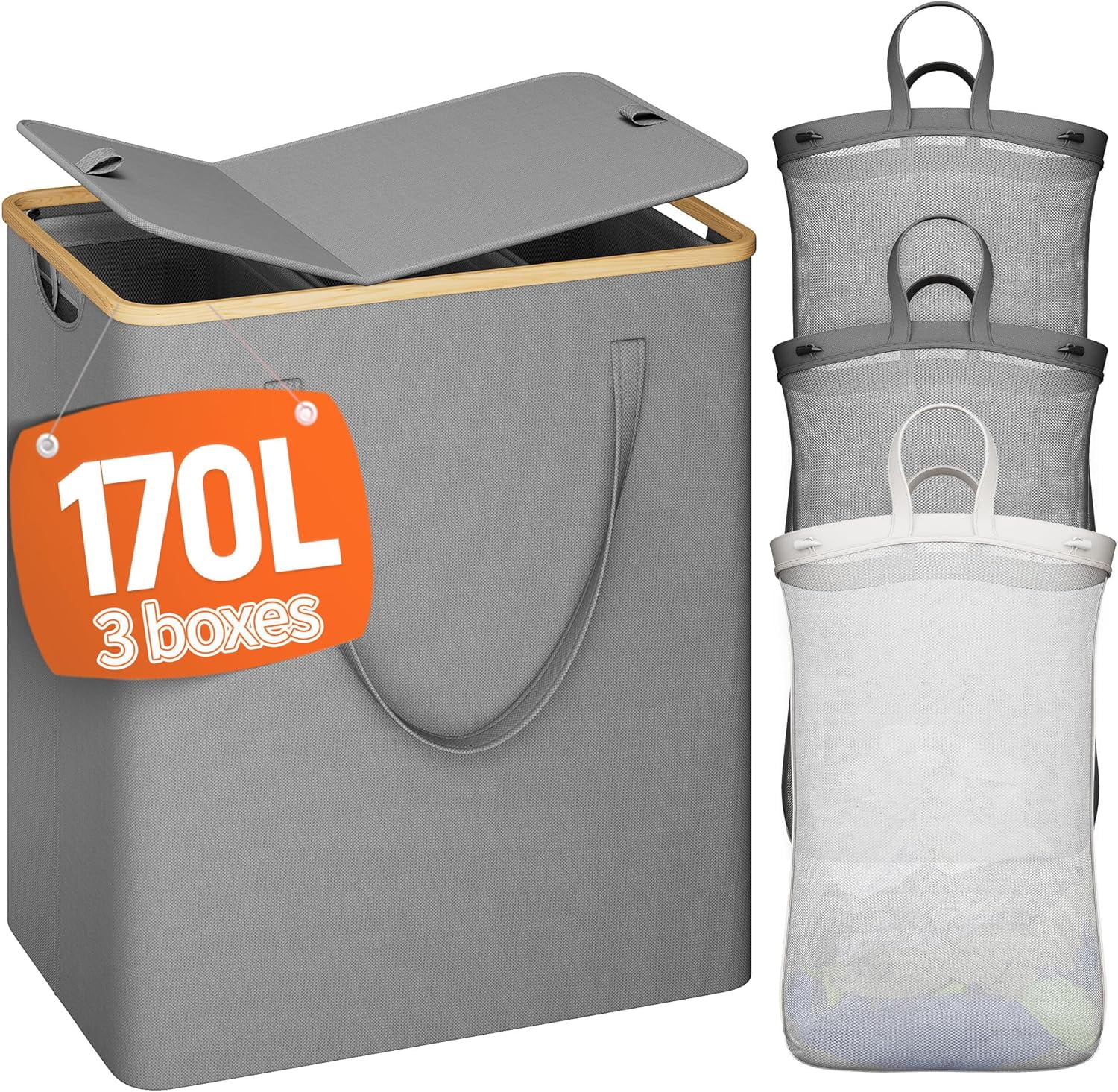 RWTFGV 170L Laundry Hamper with Lid 3 Section, Extra Large Laundry ...
