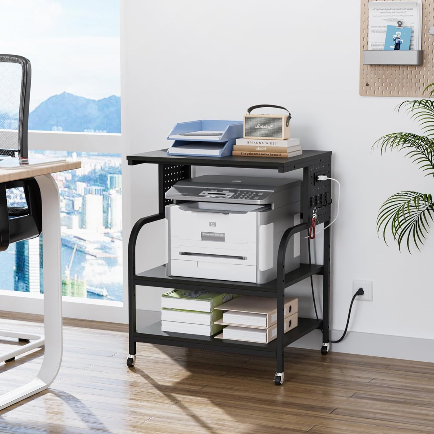 RWTFGV Classic Black 3-Tier Printer Stand with Power Strip, Mobile ...