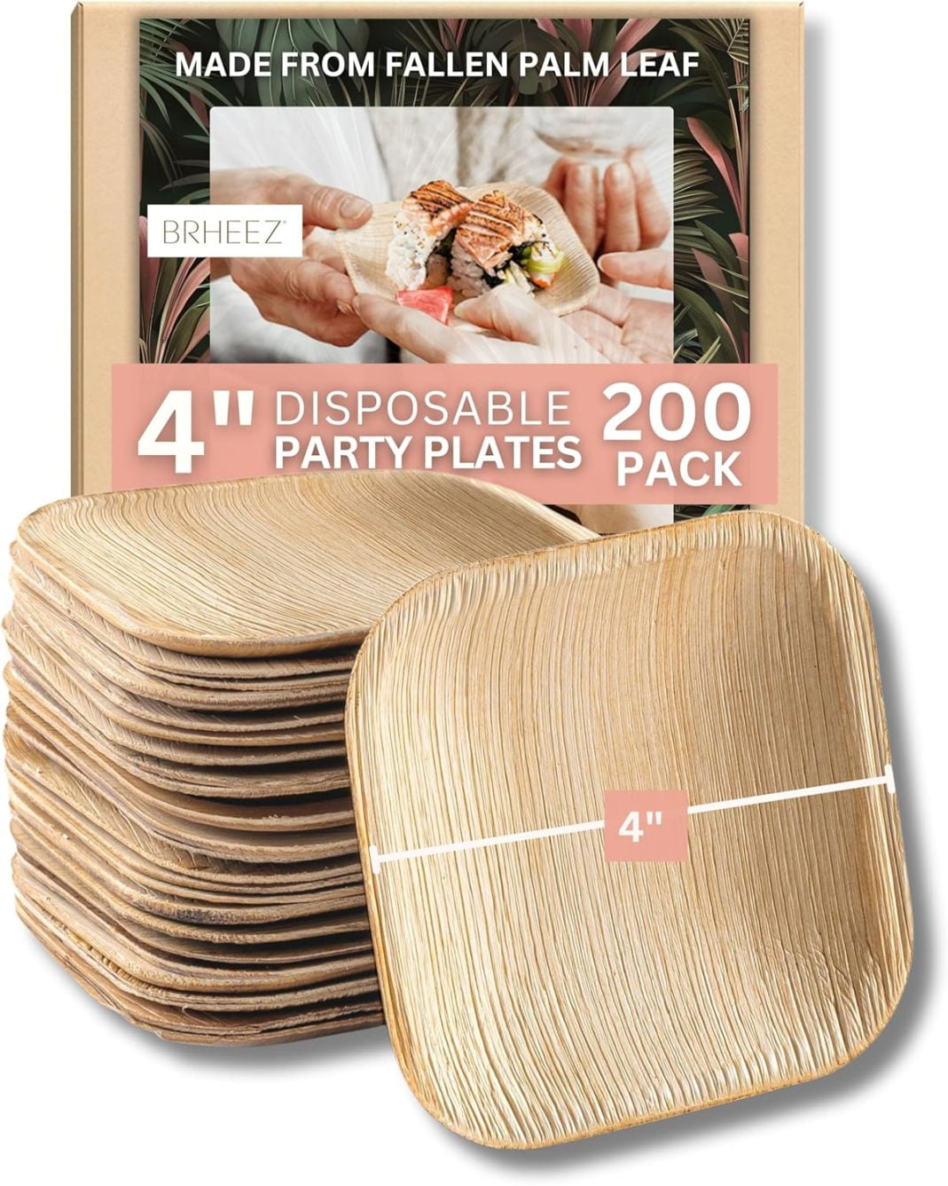 RWYP Square Palm Leaf 200 Party Plates 4 Inch Compostable ...