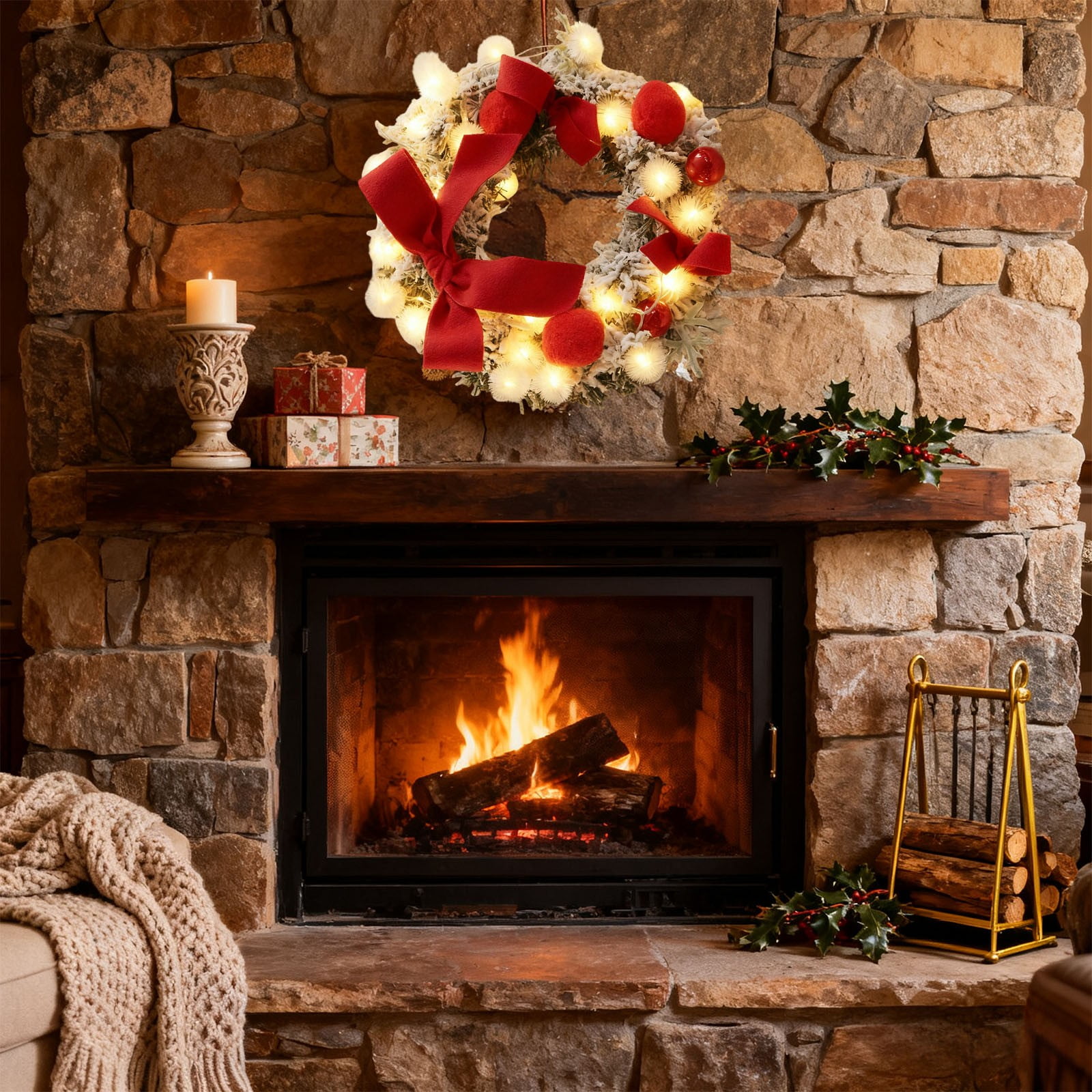 RXIRUCGD LED Lighted Flocked Christmas Wreath with Velvet Bows, Battery ...